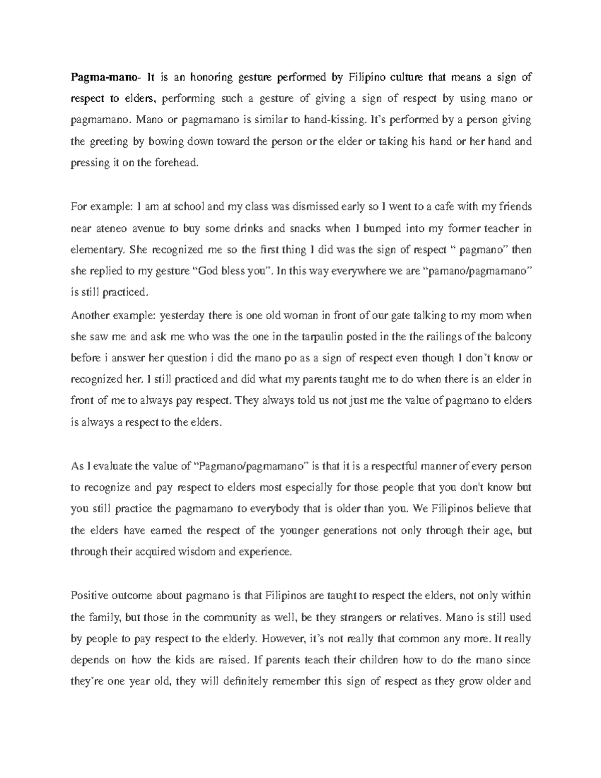 Critical Reflection Paper on Filipino Tradition of Pagmano - Studocu