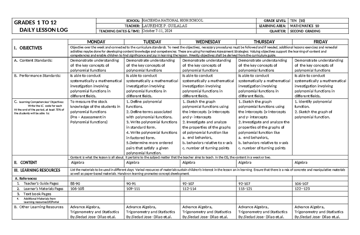 Daily Lesson Log for Mathematics 10 (Q2) - Polynomial Functions & Circles - Studocu