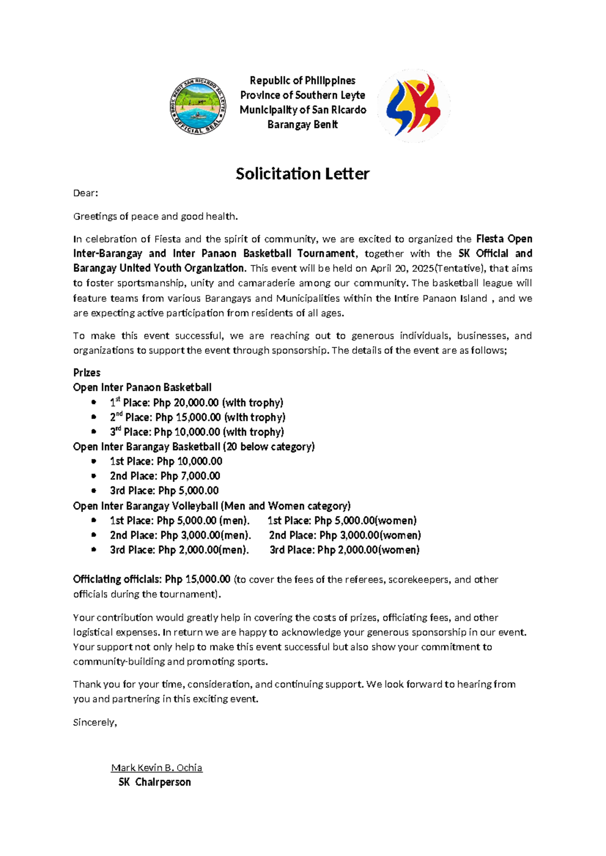 SK Benit - Sample Solicitation Letter for Community Basketball Event ...