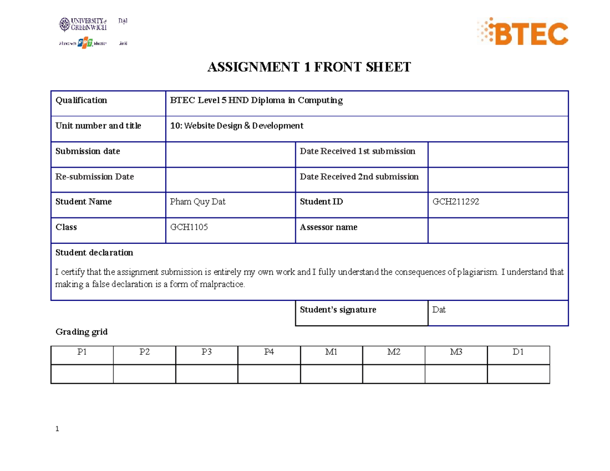 Unit-10 - Good - ASSIGNMENT 1 FRONT SHEET Qualification BTEC Level 5 HND Diploma in Computing ...
