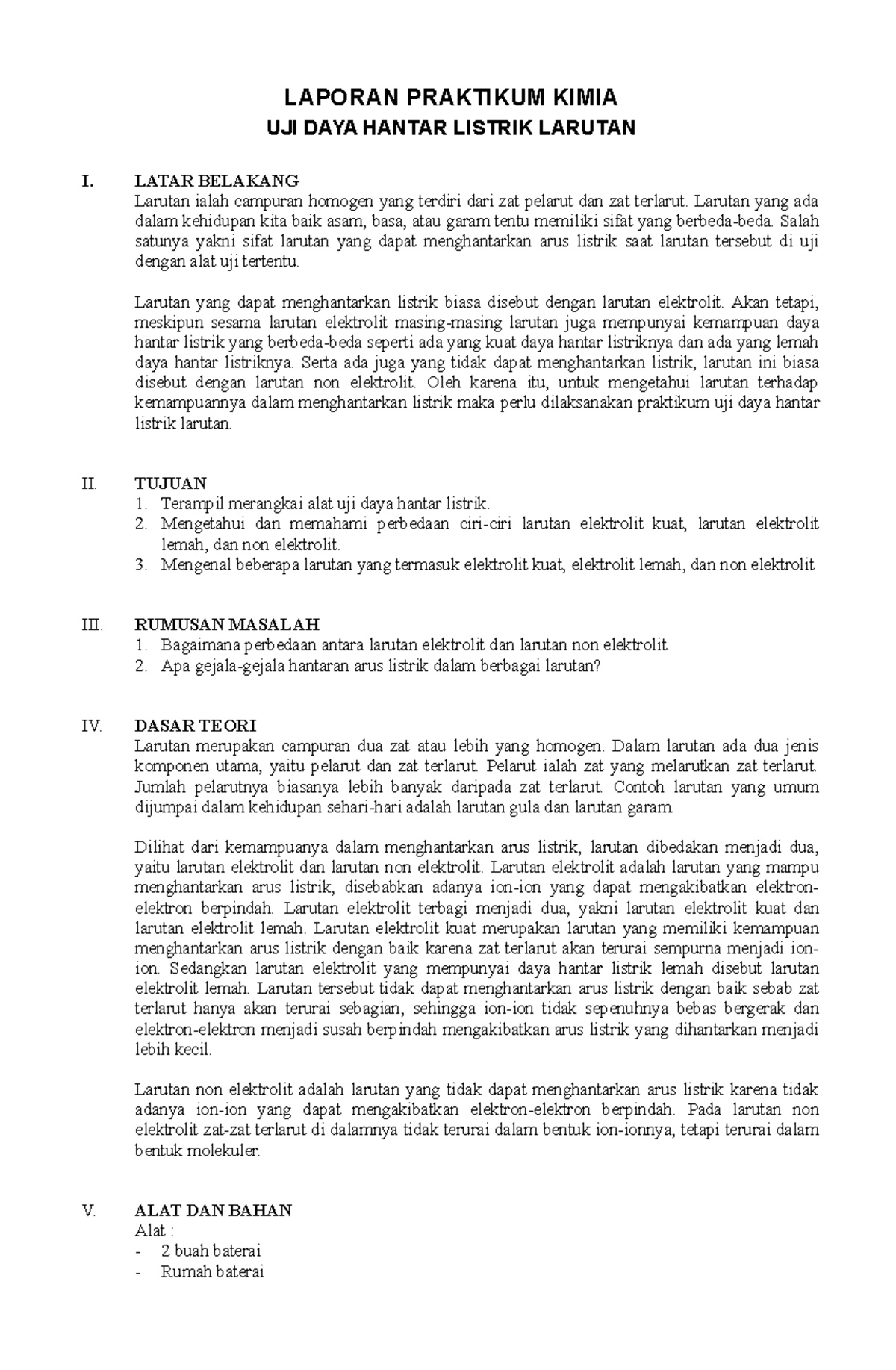 Laporan Praktikum Kimia: Uji Daya Hantar Listrik Larutan - Studocu