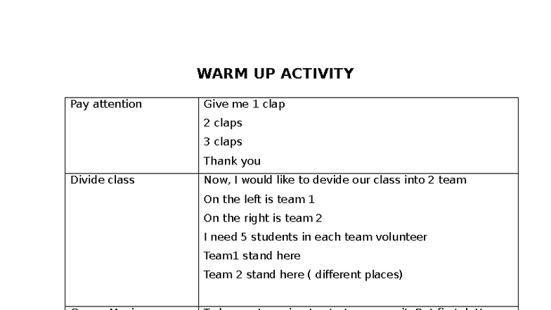 Warm Up Activity: Team Challenge & Sound Guessing Game - Studocu