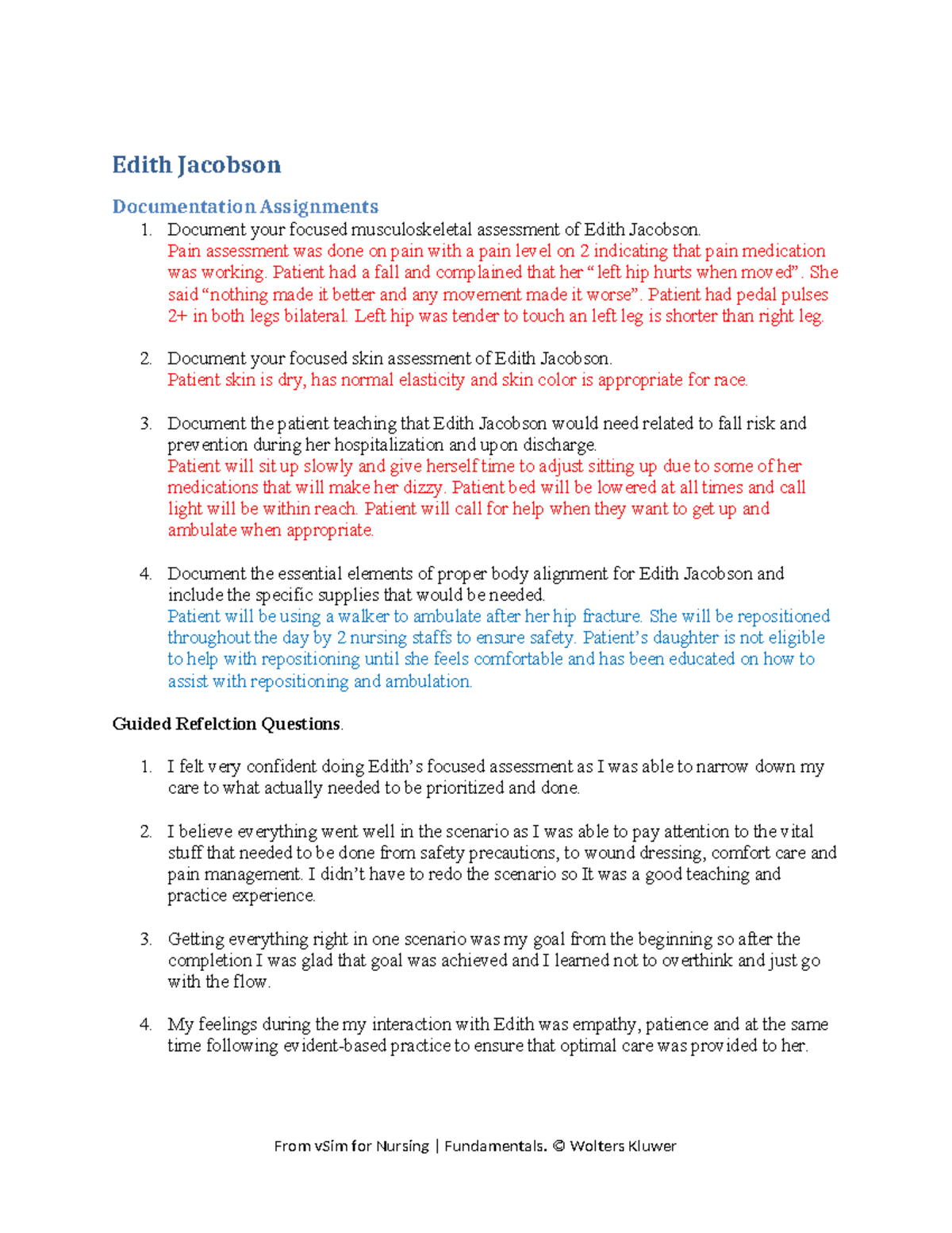 Focused Patient Assessment & Care for Edith Jacobson | V Sim2 - Studocu