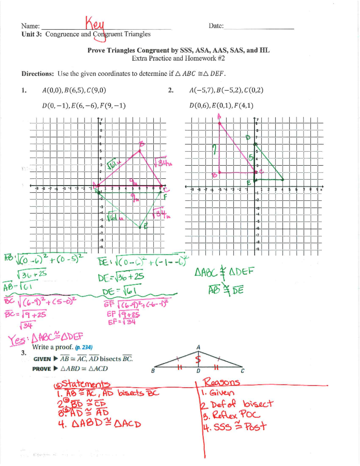 Unit 3: Proving Triangle Congruence - SSS, ASA, AAS, SAS, HL Extra ...