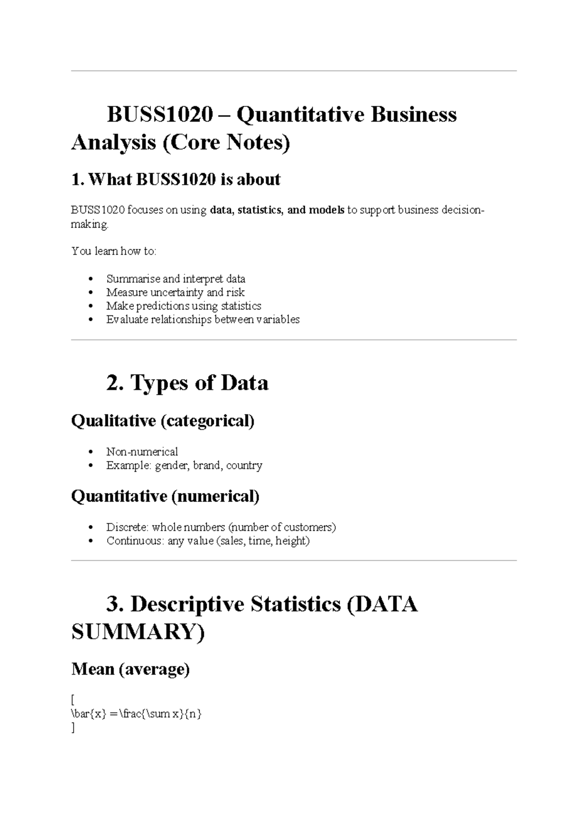 BUSS1020 Core Notes: Quantitative Business Analysis Overview - Studocu