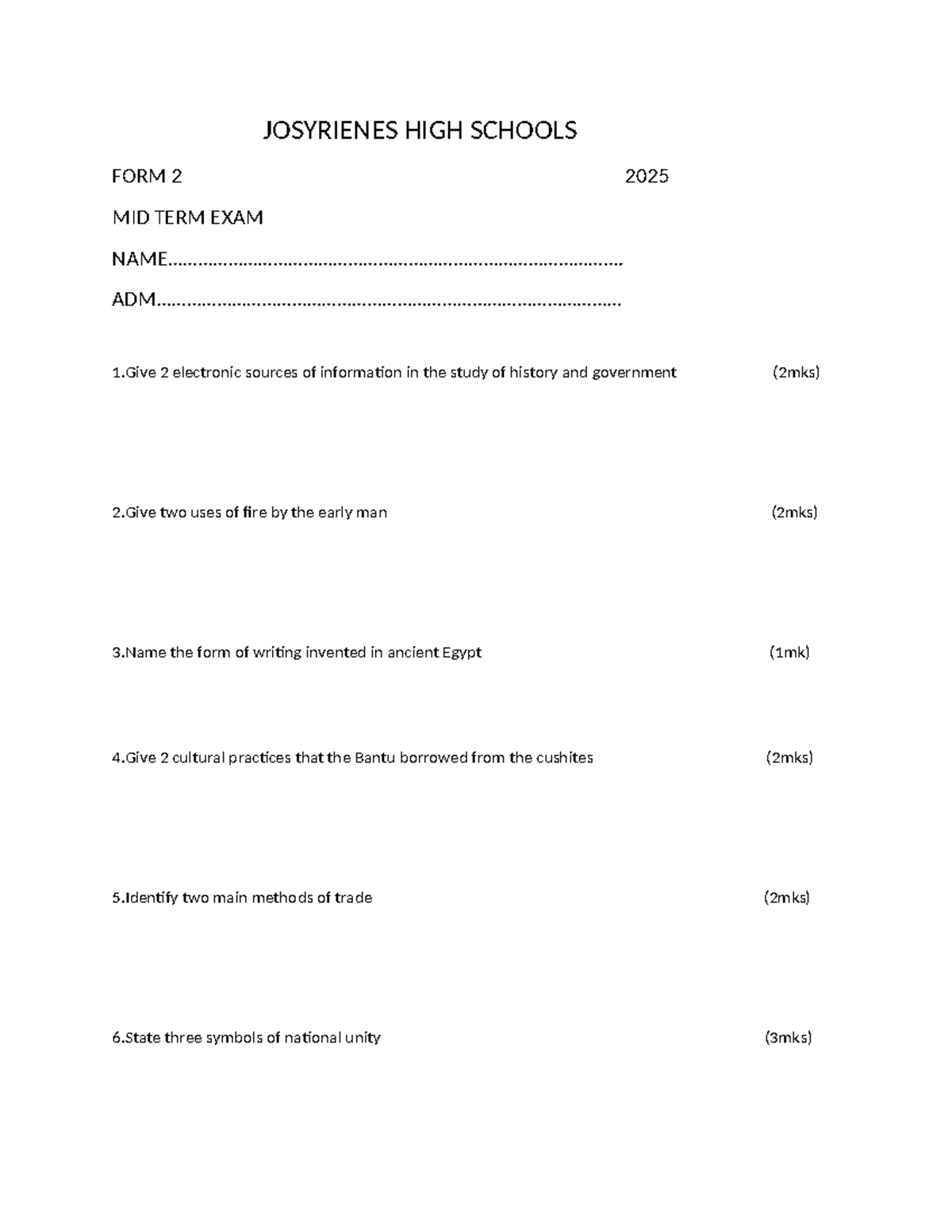 JOSYRIENES HIGH SCHOOL FORM 2 2025 HISTORY MIDTERM EXAM - Studocu