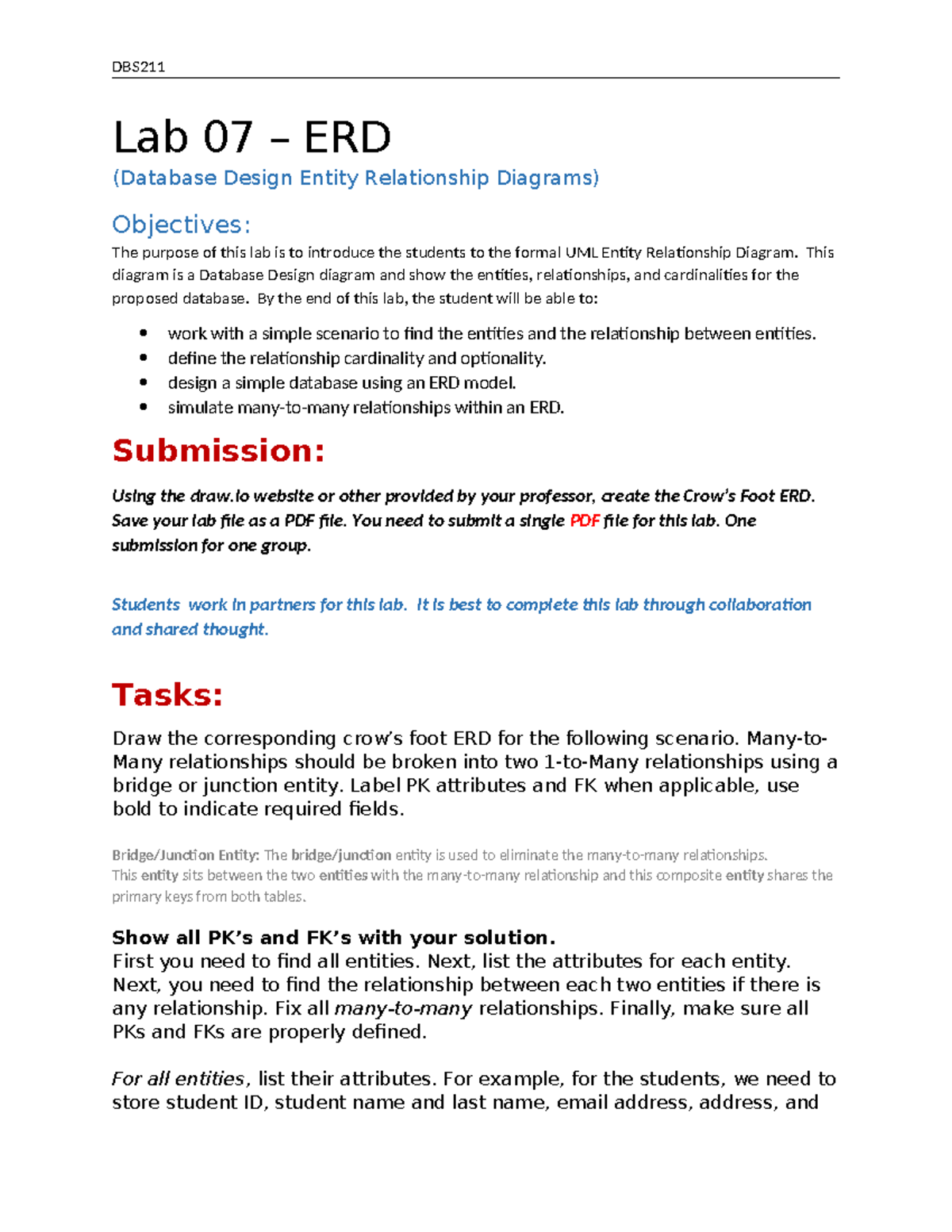 DBS 211 Lab07 ERD - just the labb instrucuions - DBS Lab 07 – ERD (Database Design Entity - Studocu