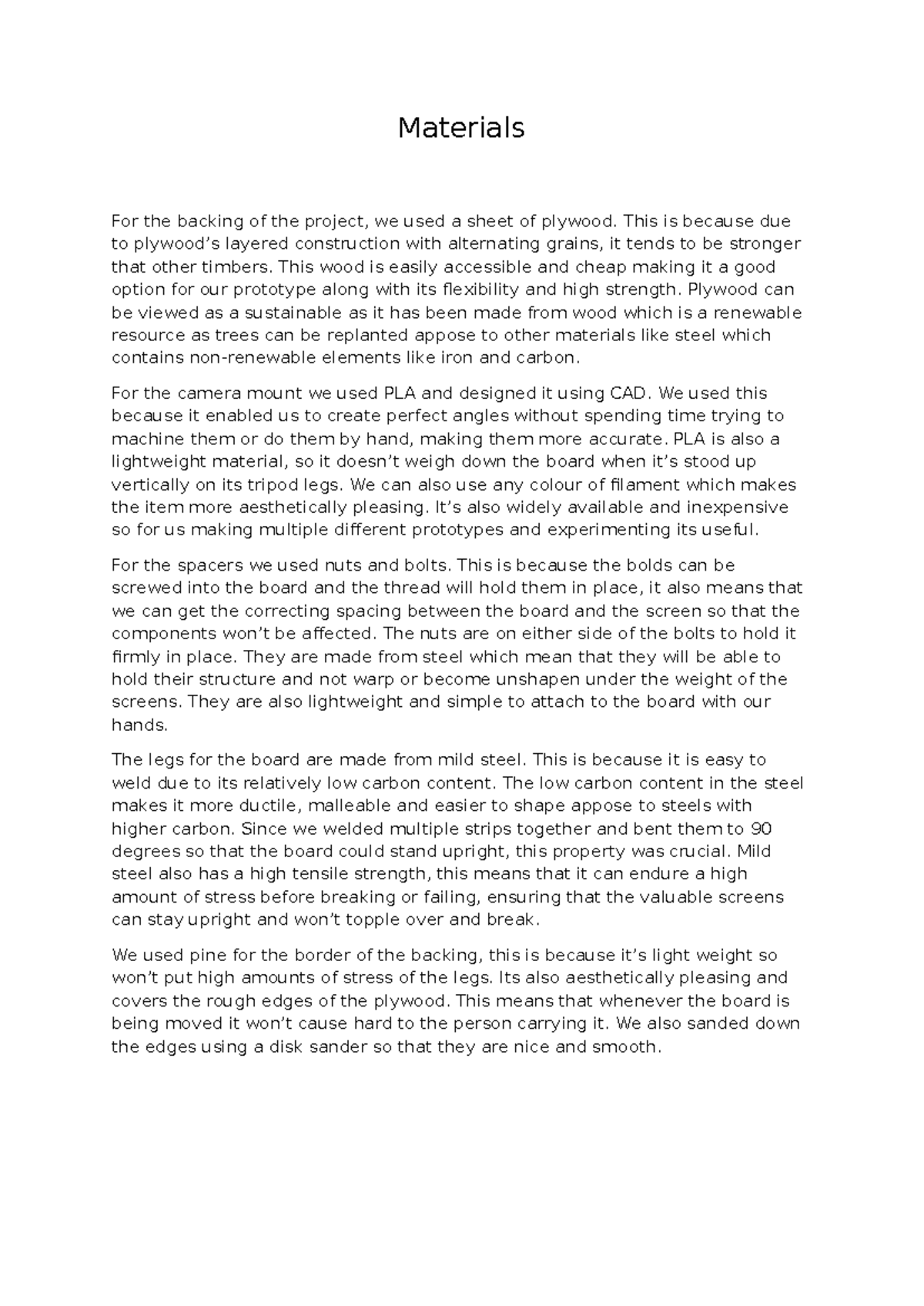 Materials Write-Up for Project Prototype - EHBFG - Studocu