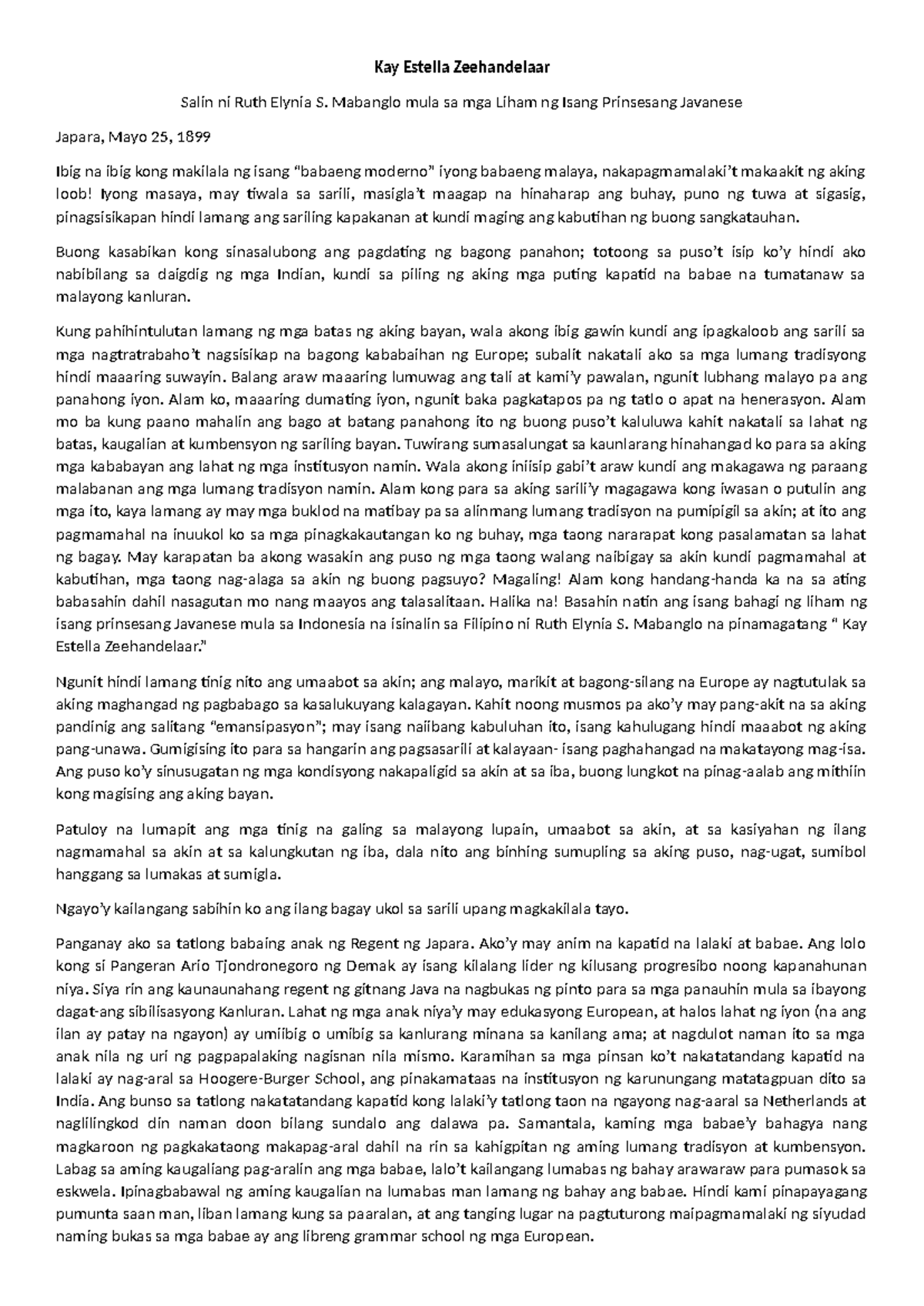 Sanaysay: Kay Estella Zeehandelaar mula sa mga Liham ng Isang Prinsesang - Studocu