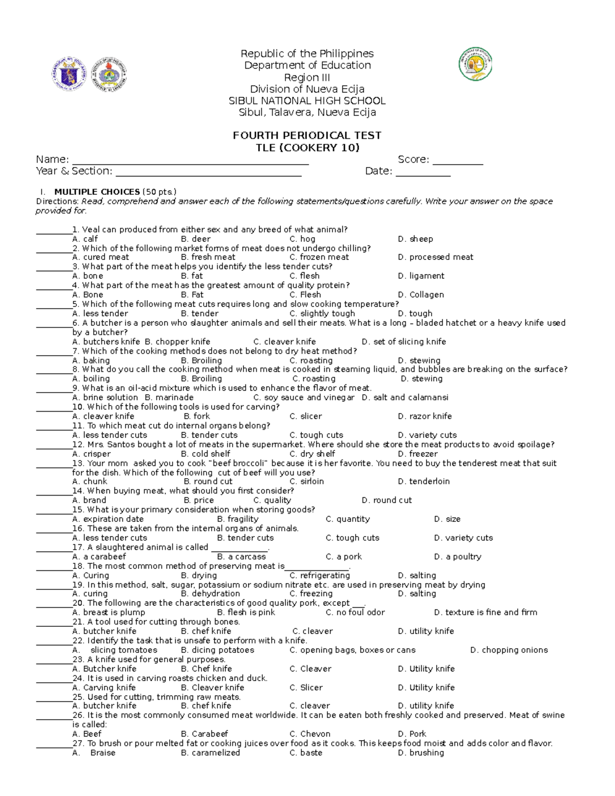 TLE 10 - Fourth Periodical Test in Cookery: Multiple Choice Questions ...