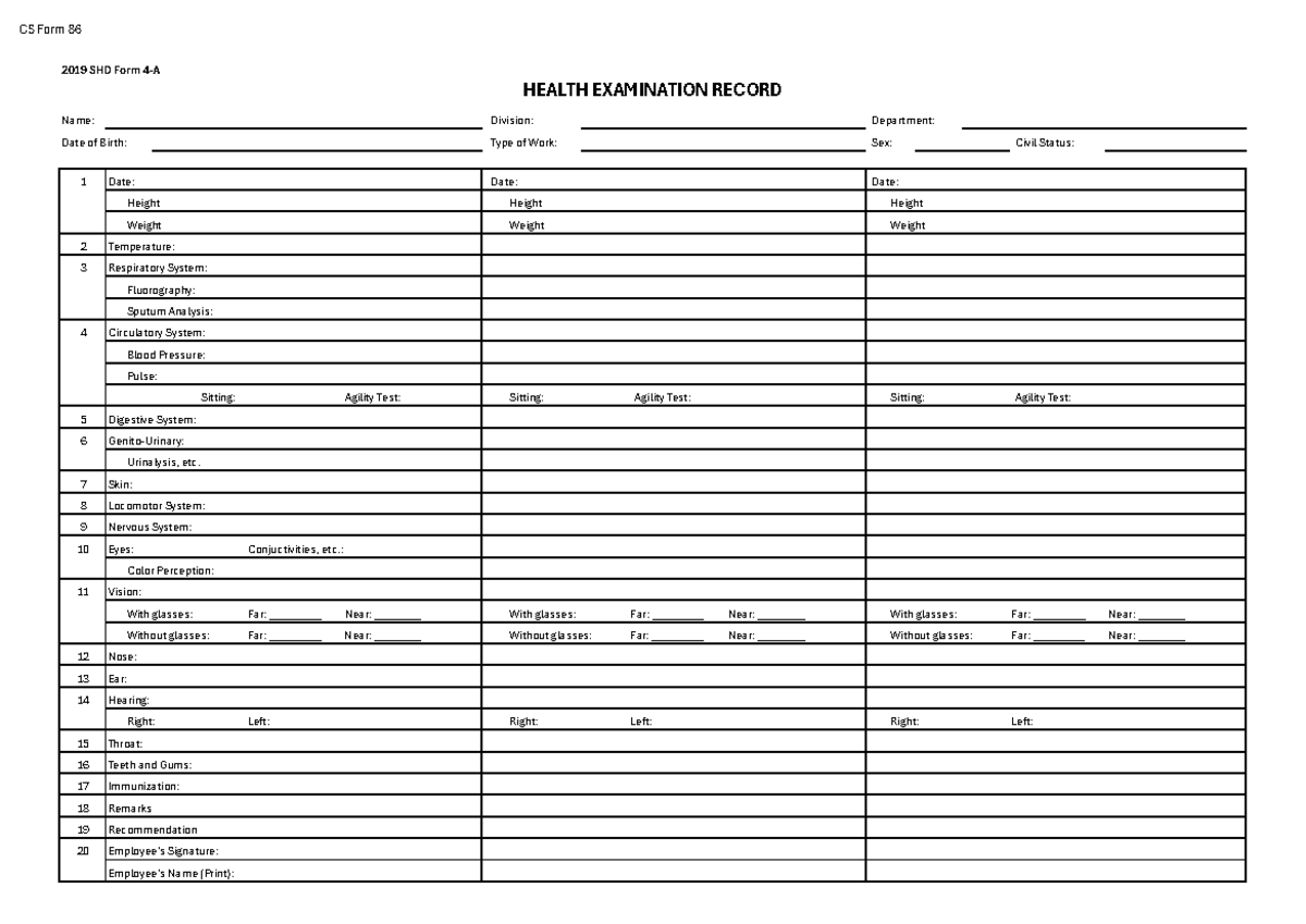 CS Form 86 2019 SHD Health Examination Record Template - Studocu