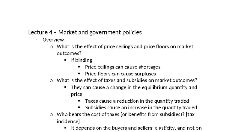 Lecture 4: Market & Government Policies - Price Controls, Taxes ...