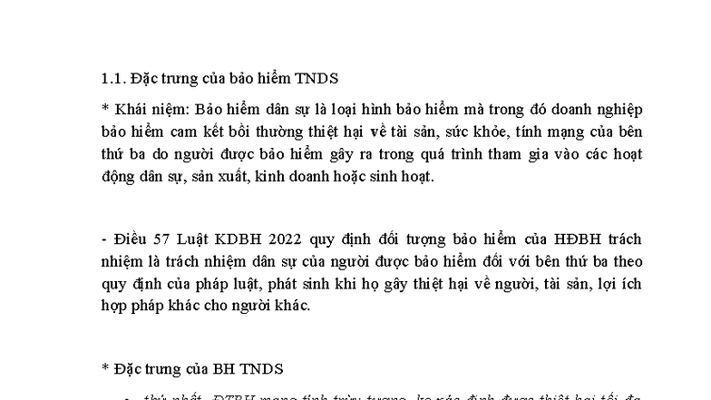 1.1. Đặc trưng và Quy định của Bảo hiểm TNDS theo Luật KDBH 2022 - Studocu