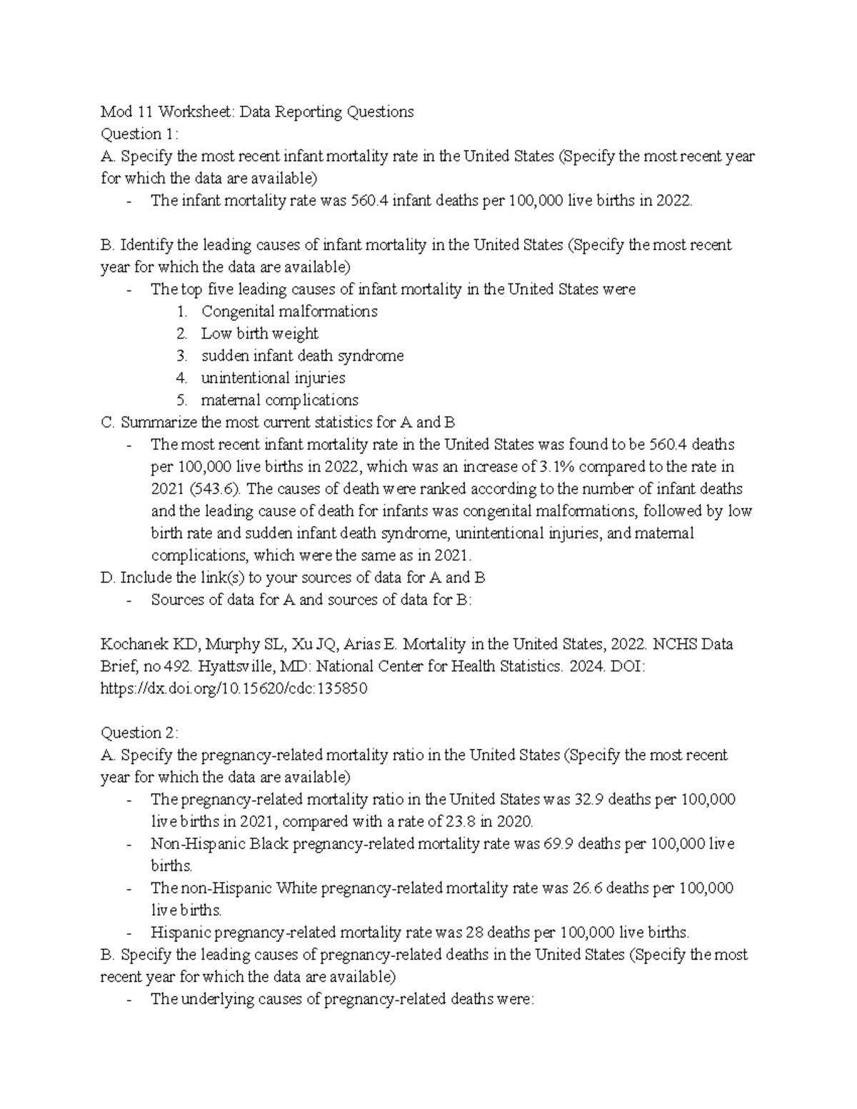 Mod 11 Worksheet: Infant Mortality & Pregnancy-Related Metrics - Studocu