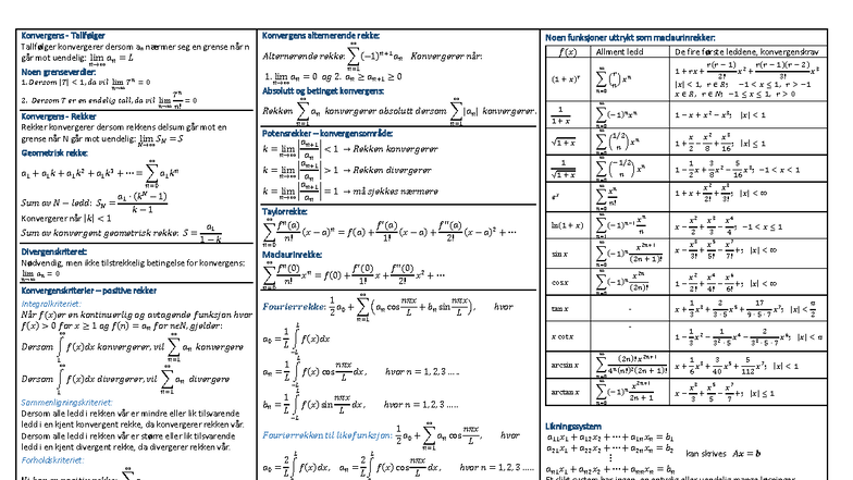 Formelark for Konvergens og Rekker - MAT101 Final Exam - Studocu