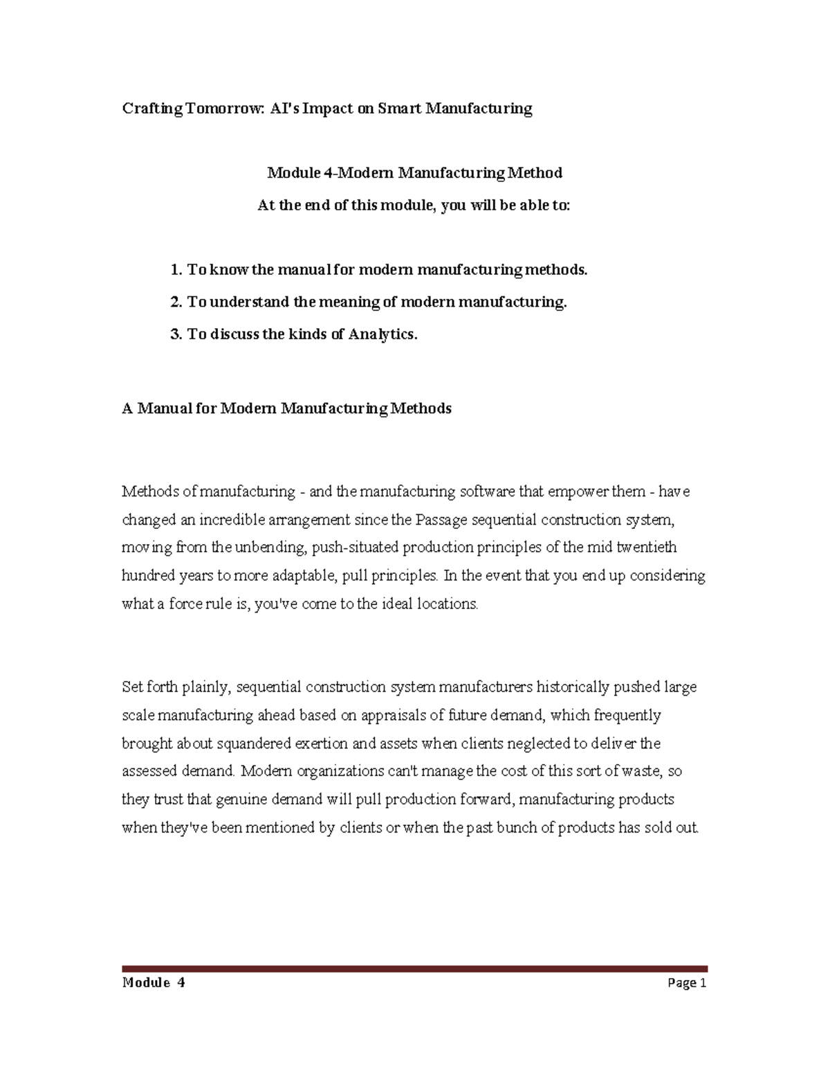 Modern Manufacturing Methods: Insights and Analytics (Module 4) - Studocu