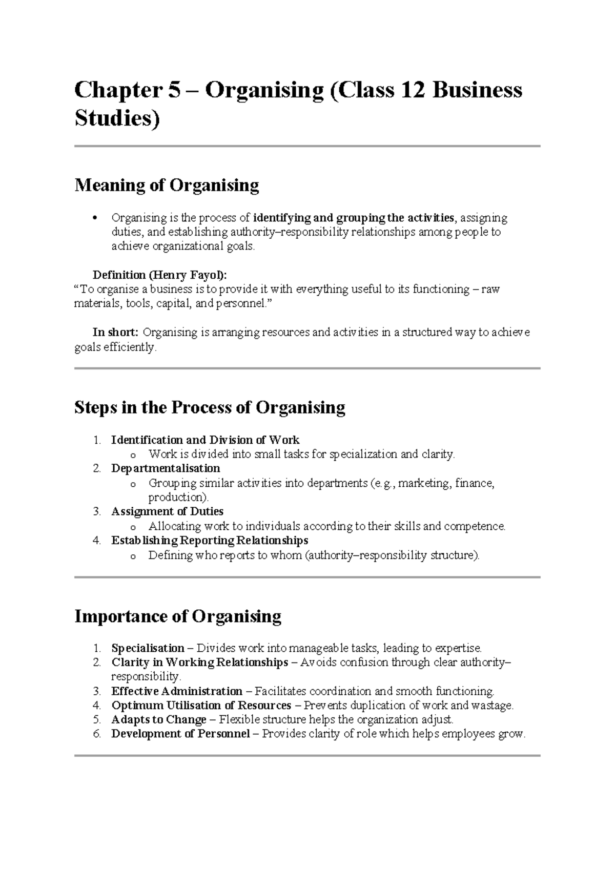 Chapter 5: Organising in Business Studies (Class 12) - Key Concepts ...