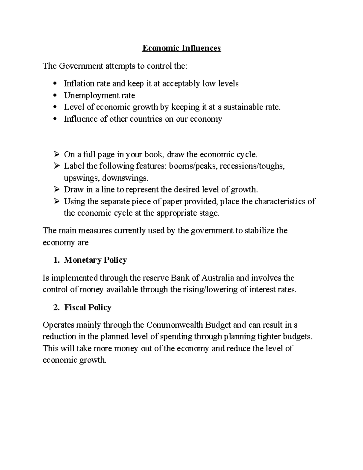 Economic Influences - Worksheet on Monetary & Fiscal Policy - Studocu