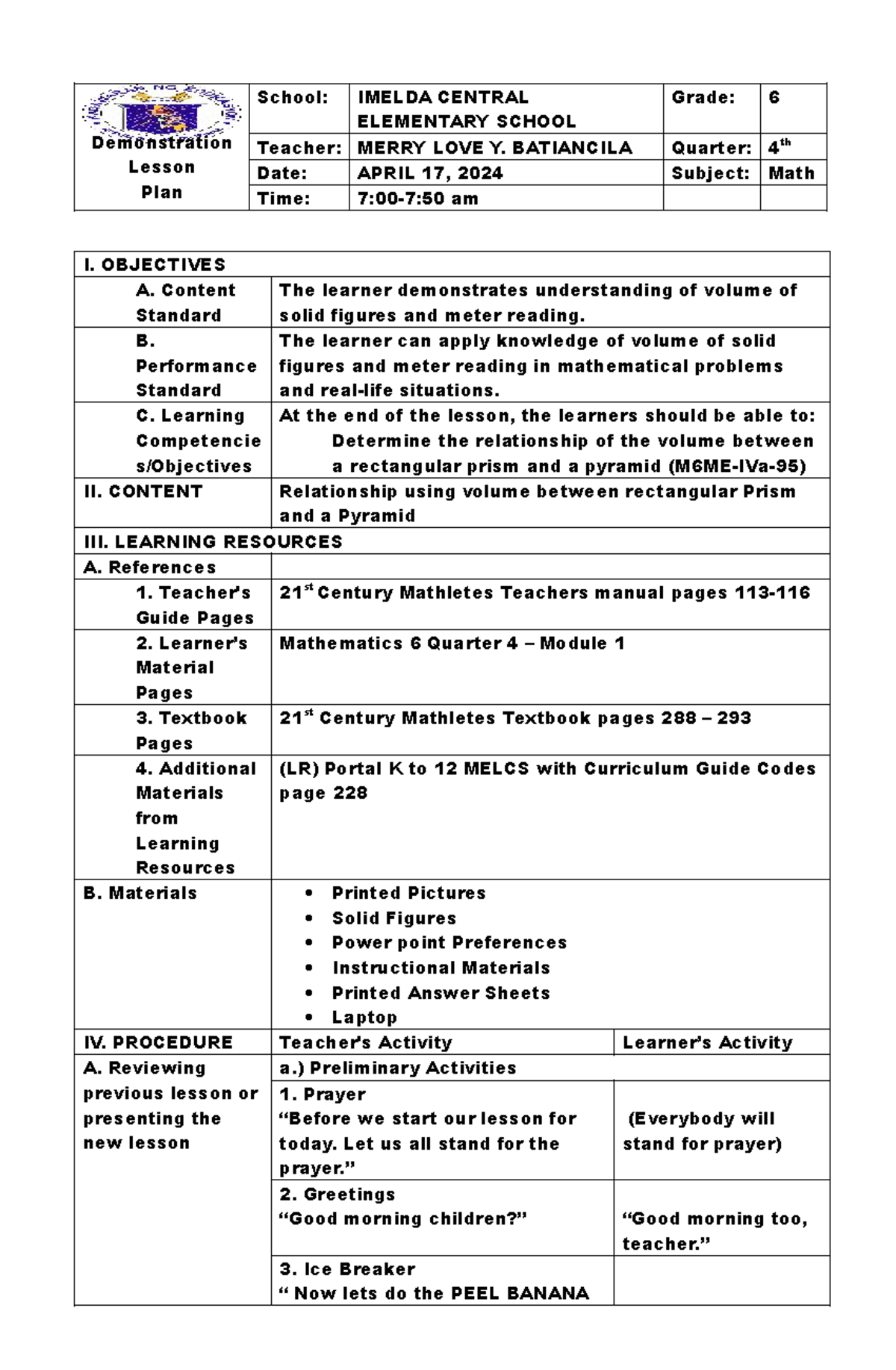Detailed Lesson Plan in Math 6 - Demonstration Lesson Plan School ...