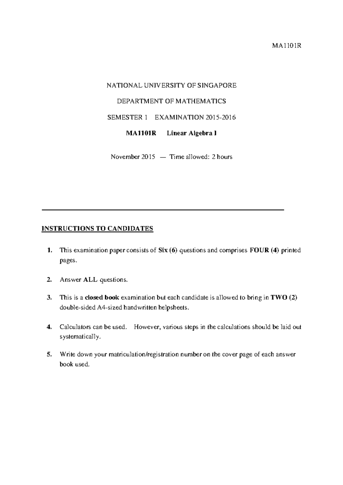 MA1101R Final Exam Past Papers 2015-2016 for Linear Algebra I - Studocu