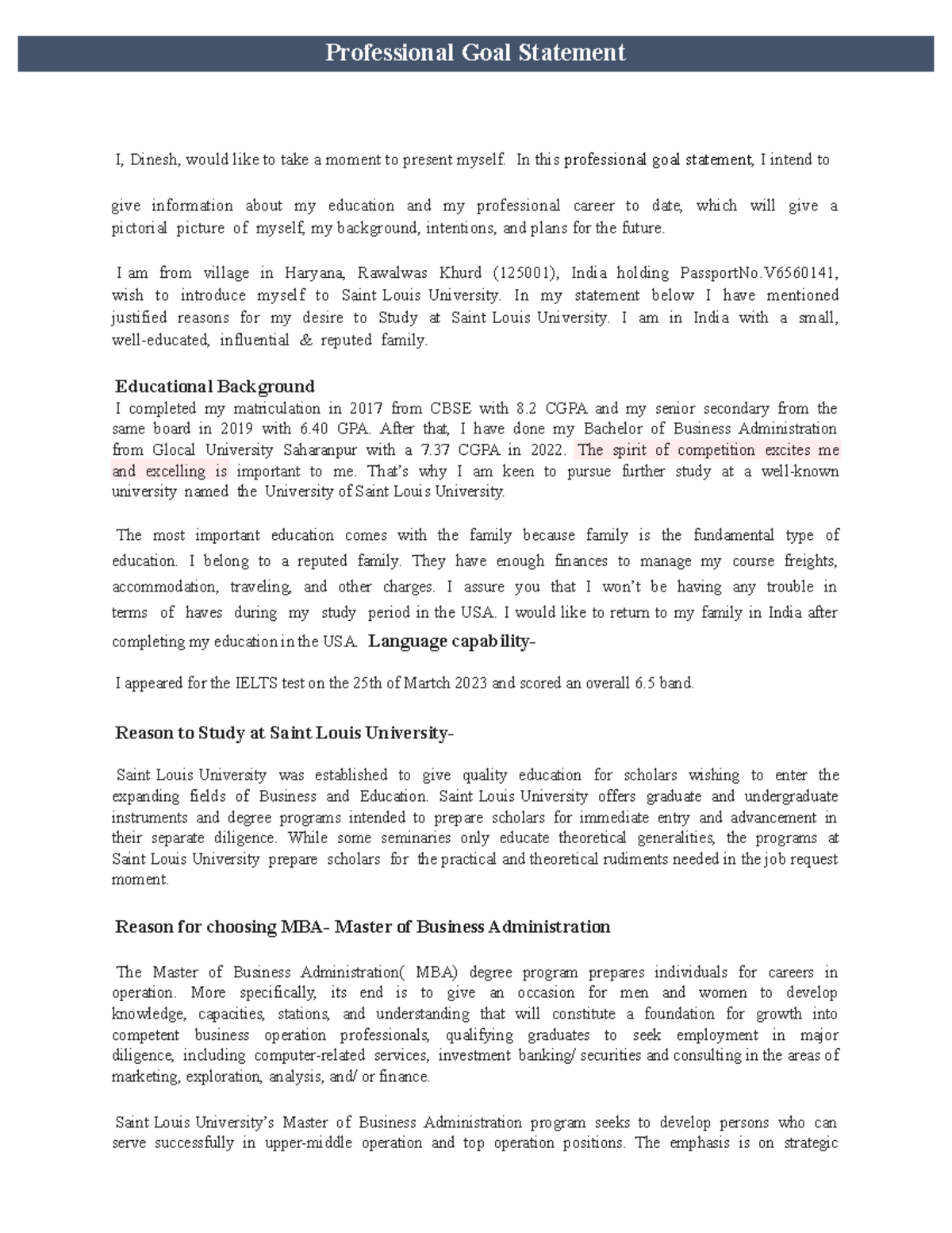 Statement of Purpose: Professional Goals for MBA at SLU - Studocu