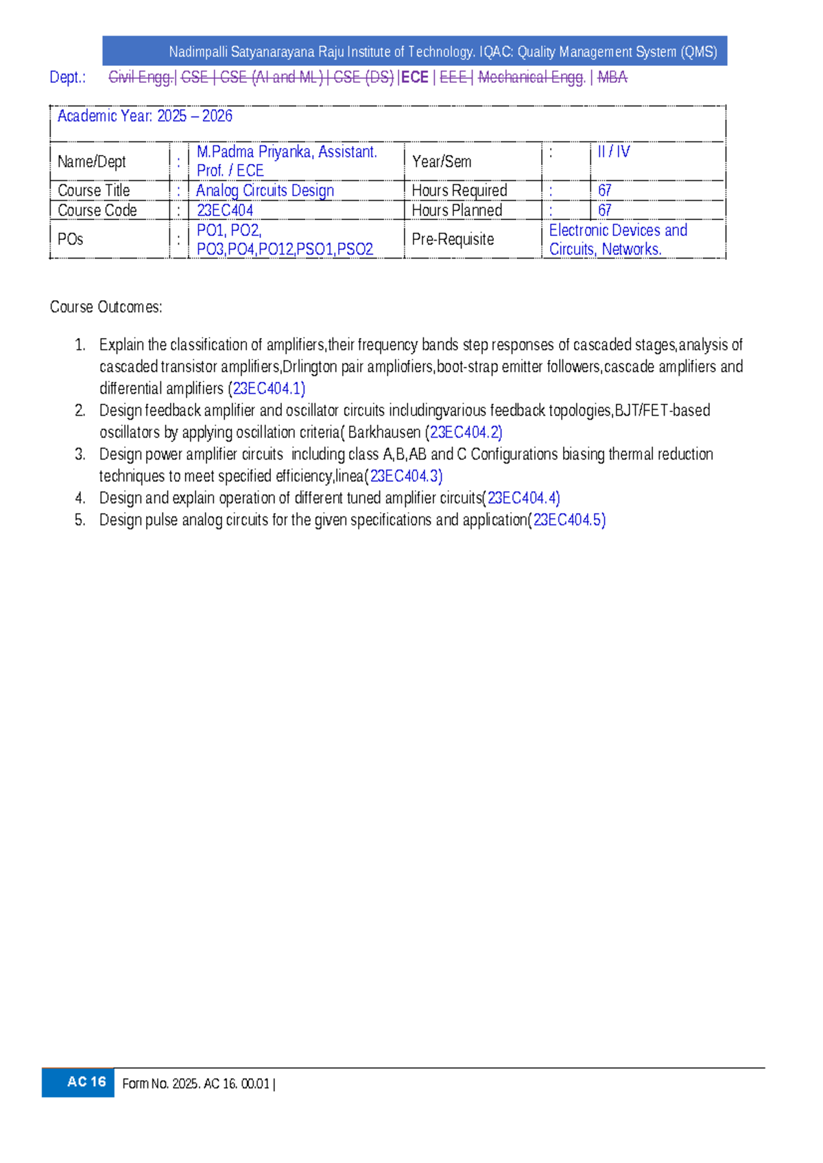 ACD Lesson Plan for Course 23EC404: Analog Circuits Design - Studocu