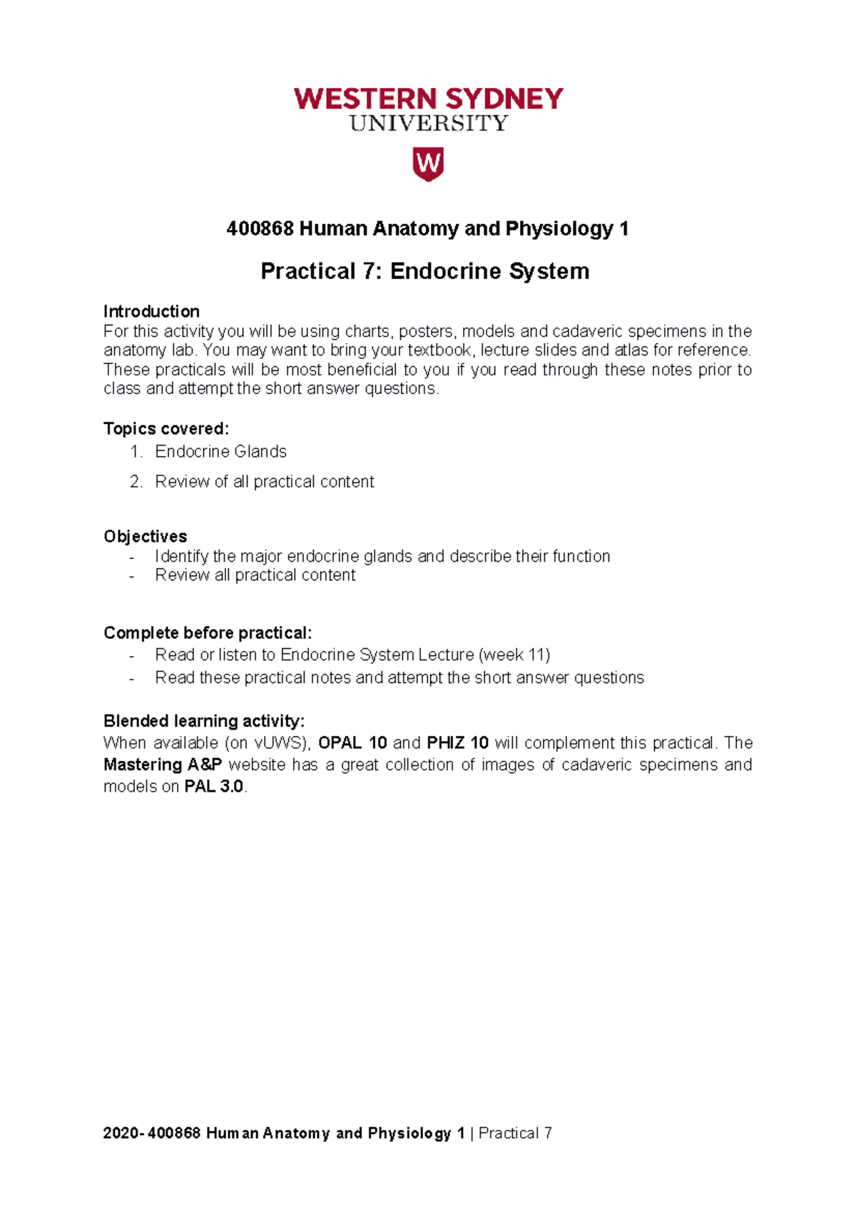 Practical 7 - Endocrine System (student) - 400868 Human Anatomy and ...