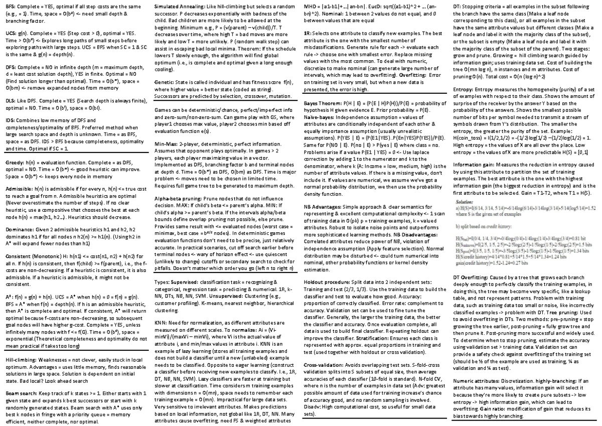 COMP3308 Final Exam Study Guide: Key Algorithms and Concepts - Studocu
