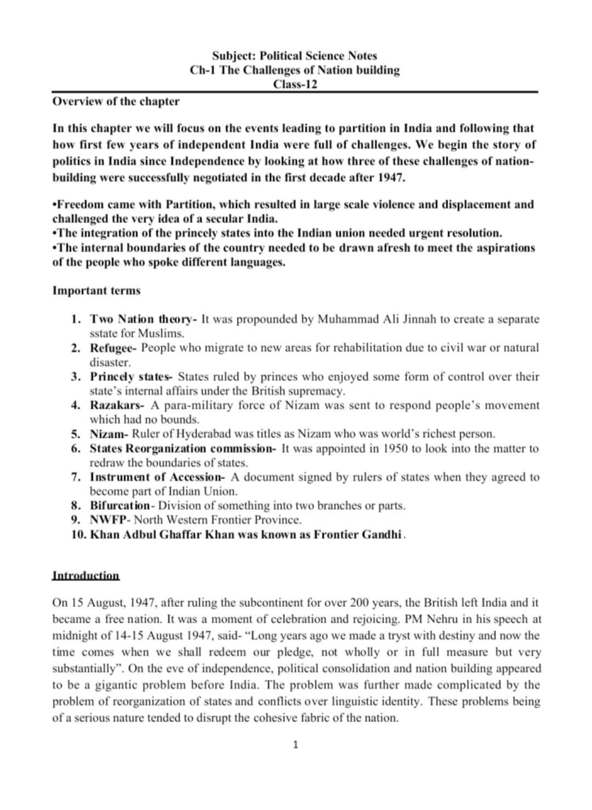 Challenges of Nation Building: Class 12 Political Science Notes PDF ...