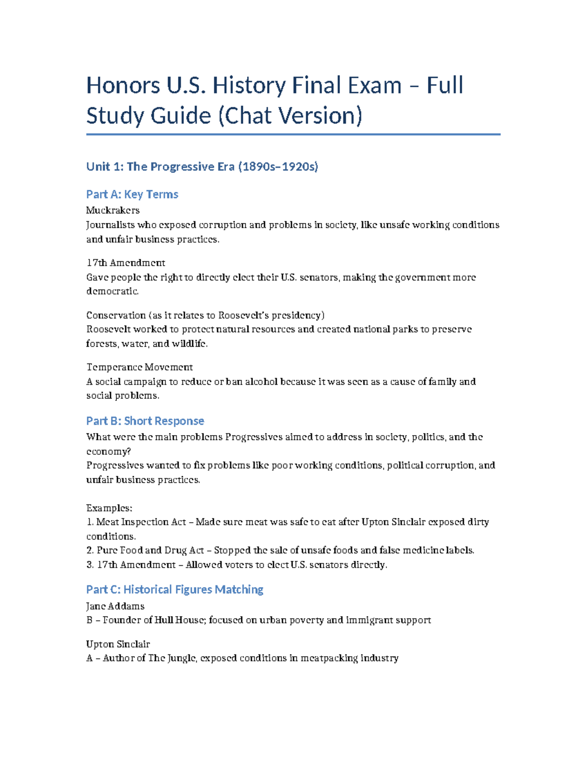 Honors U.S. History Final Exam Study Guide: Key Topics & Terms Overview ...