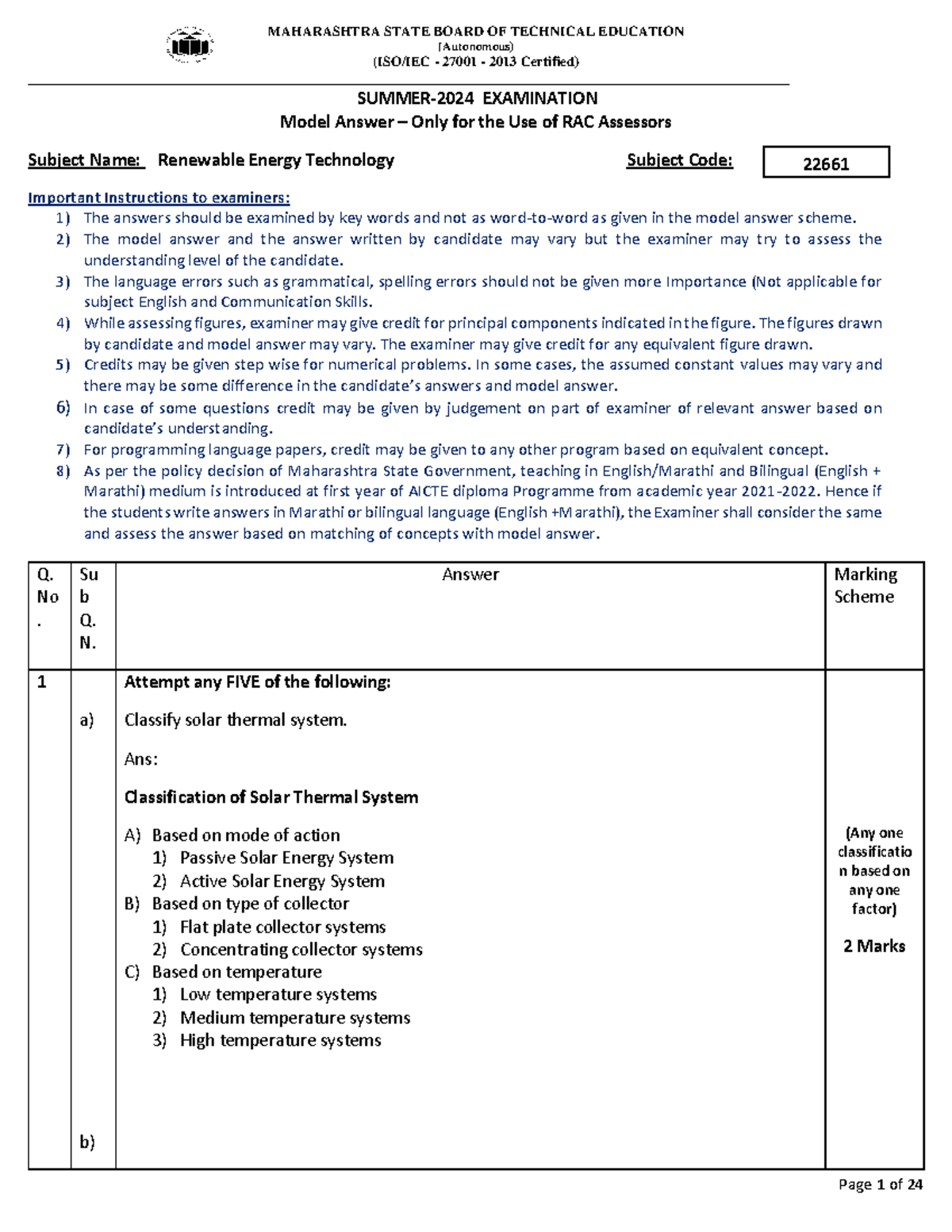 Model Answer for Renewable Energy Technology (22661) Exam - Studocu