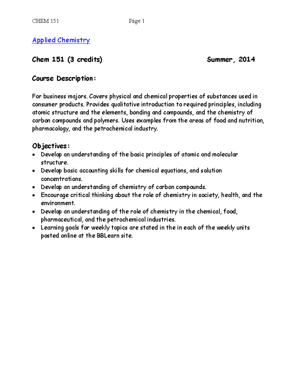 CHEM 151 Applied Chemistry Summer 2014 - Applied Chemistry Chem 151 (3 ...