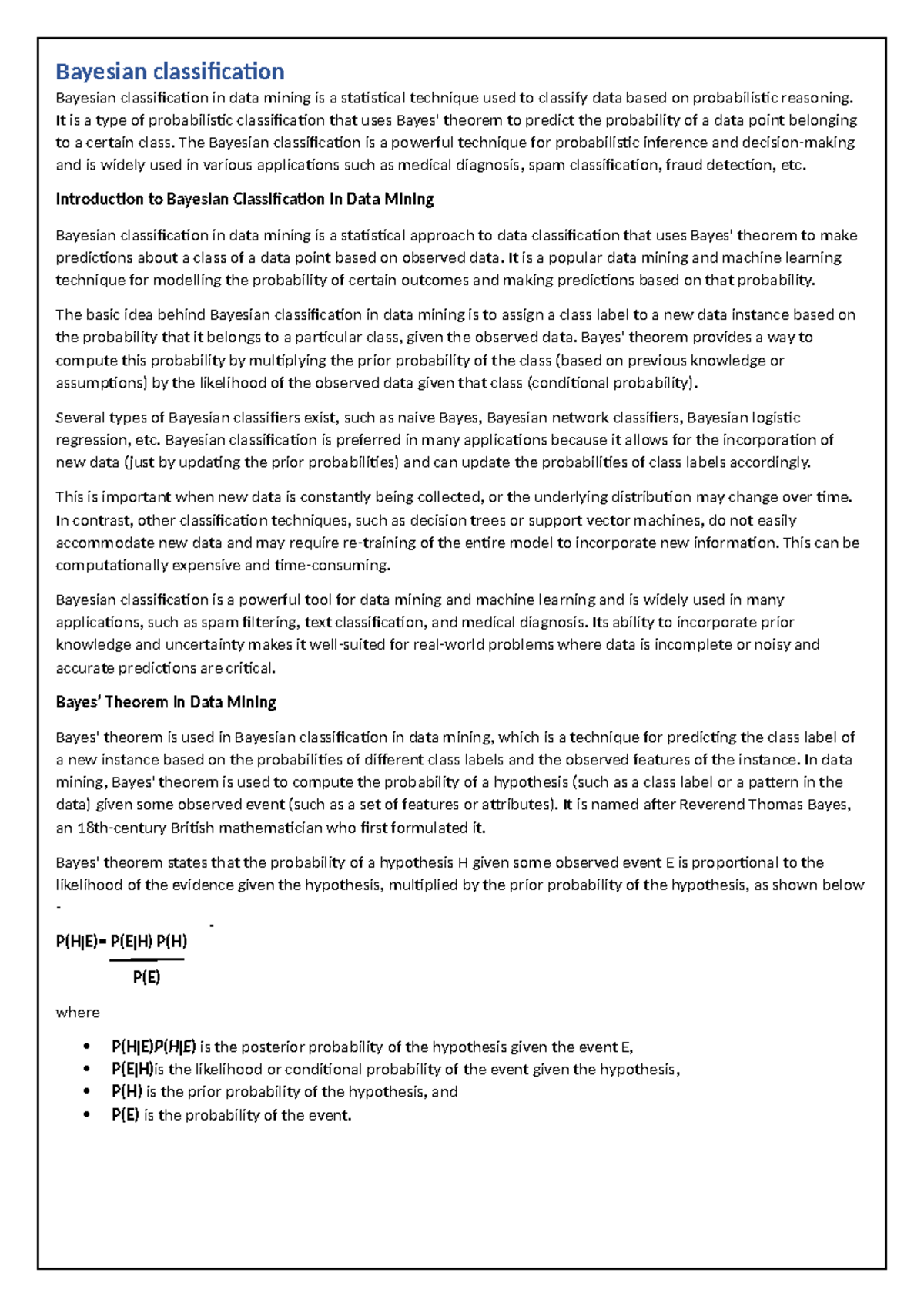 Bayesian Classification in Data Mining: Techniques & Applications - Studocu