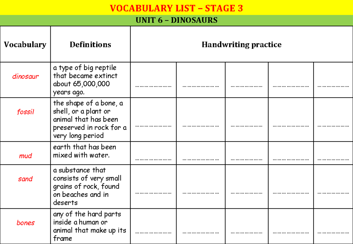 S3 Unit 6 Vocabulary List: Dinosaurs Handwriting Practice - Studocu