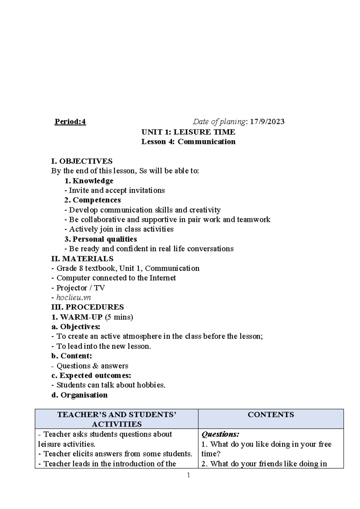 Tổng họp các Unit HK1 - Period:4 Date of planing: 17/9/ UNIT 1: LEISURE ...