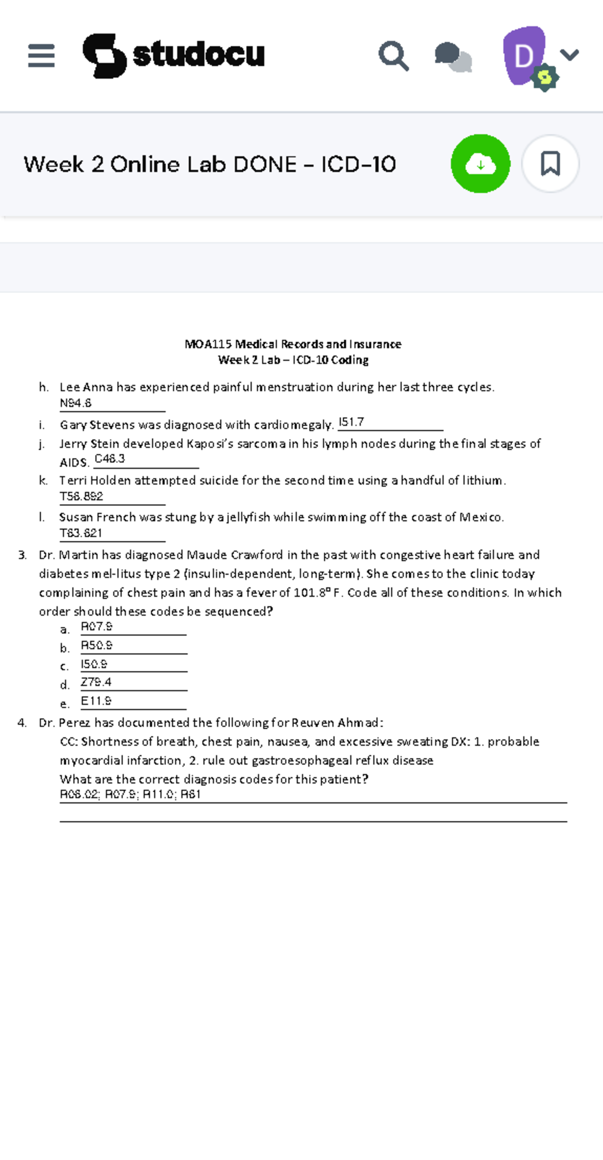 Week 2 Online Lab DONE - ICD-10 - MOA115 Medical Records and Insurance Week 2 Lab – ICD-10 ...