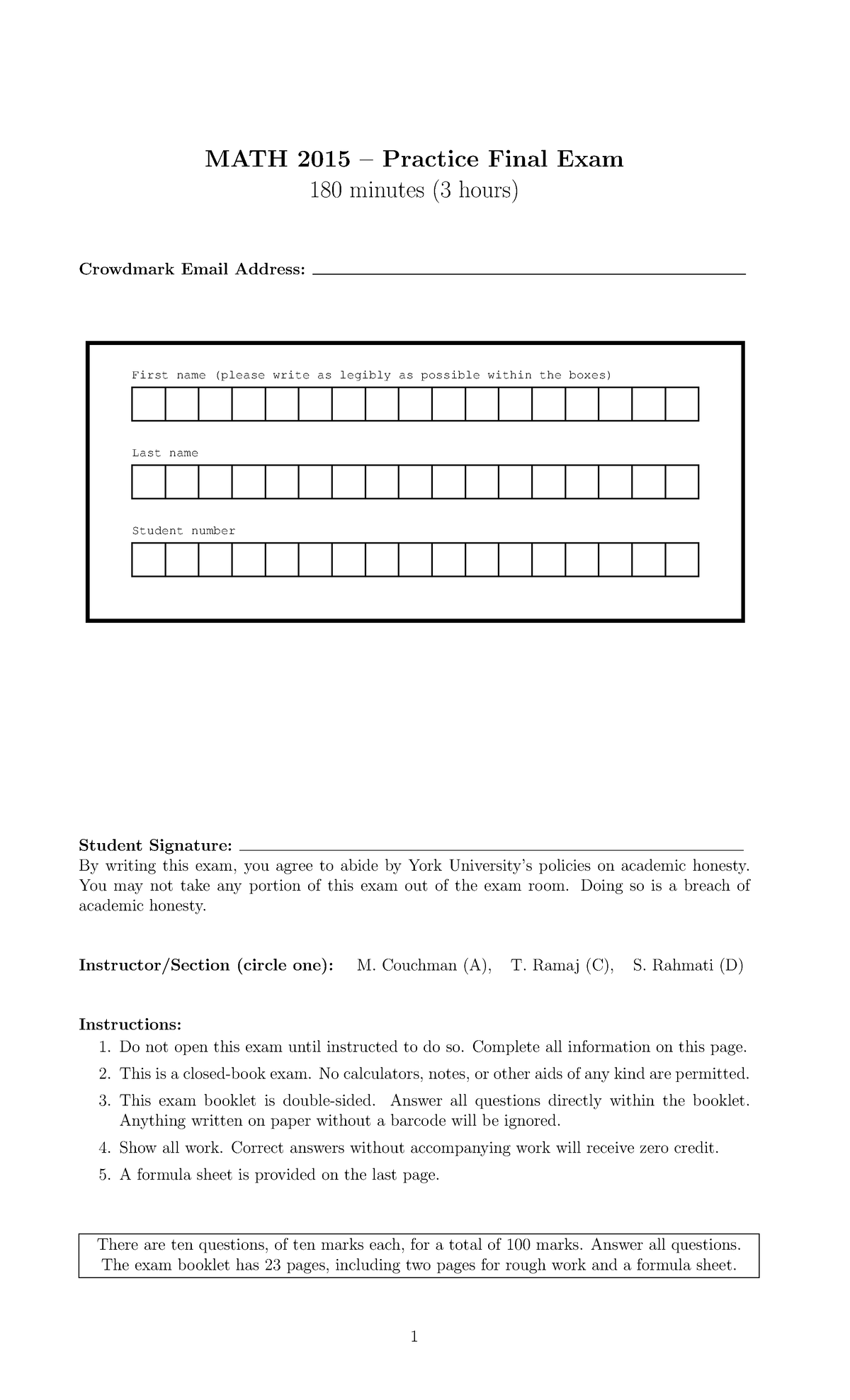 MATH 2015 Practice Final Exam Review Guide - Studocu