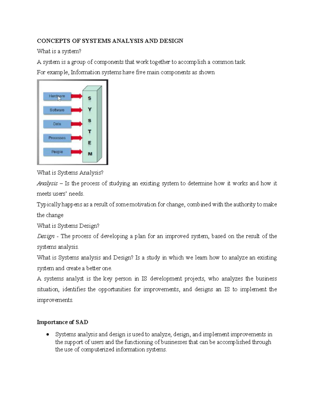 SAD 101: Introduction to Systems Analysis and Design Concepts - Studocu