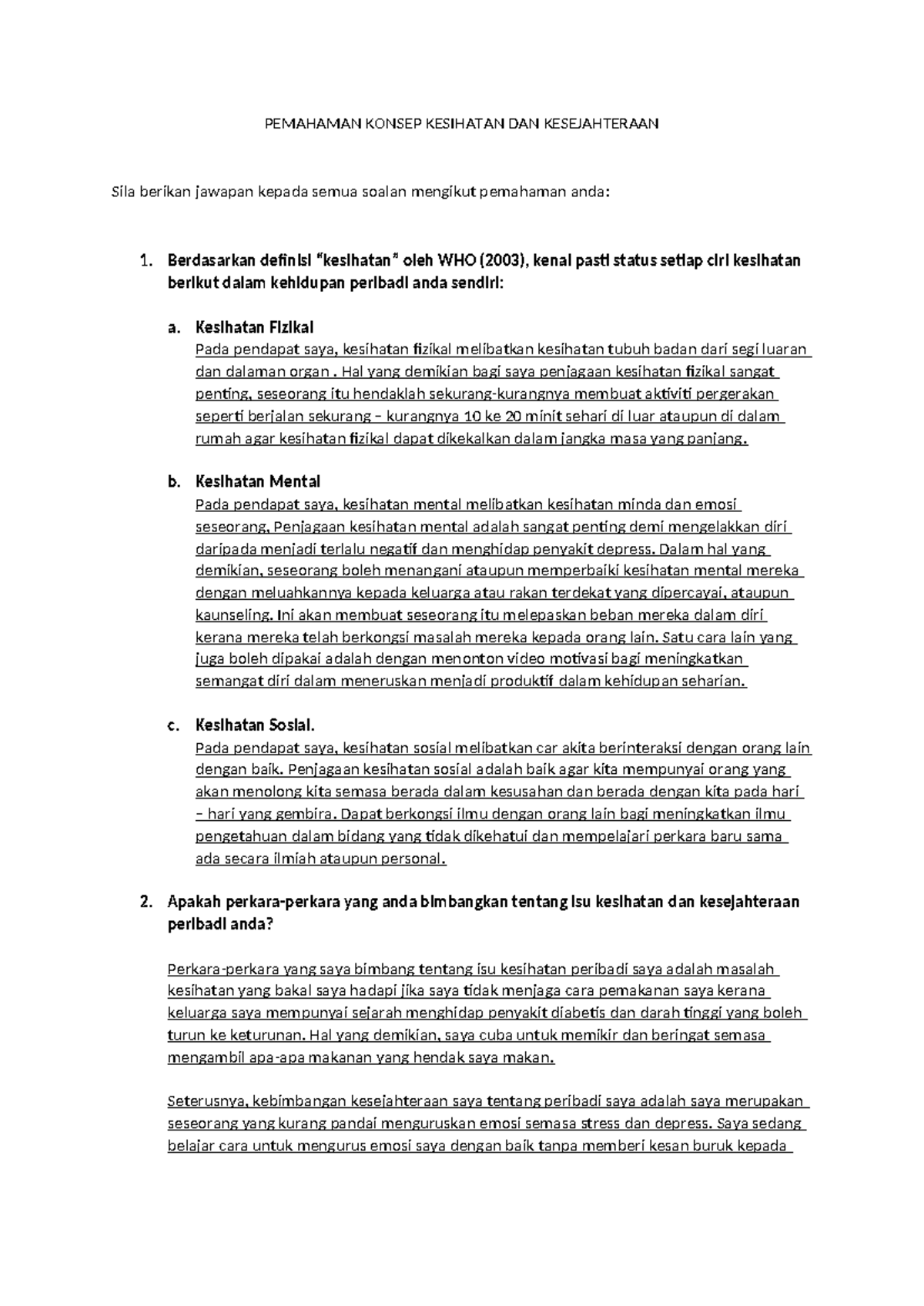 PEM 101: Assignment 1 - Pemahaman Kesihatan dan Kesejahteraan - Studocu