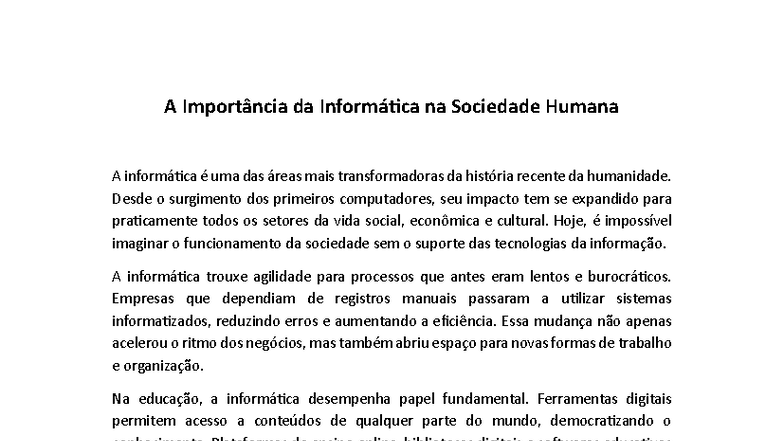 A Importância da Informática na Sociedade Contemporânea - Studocu