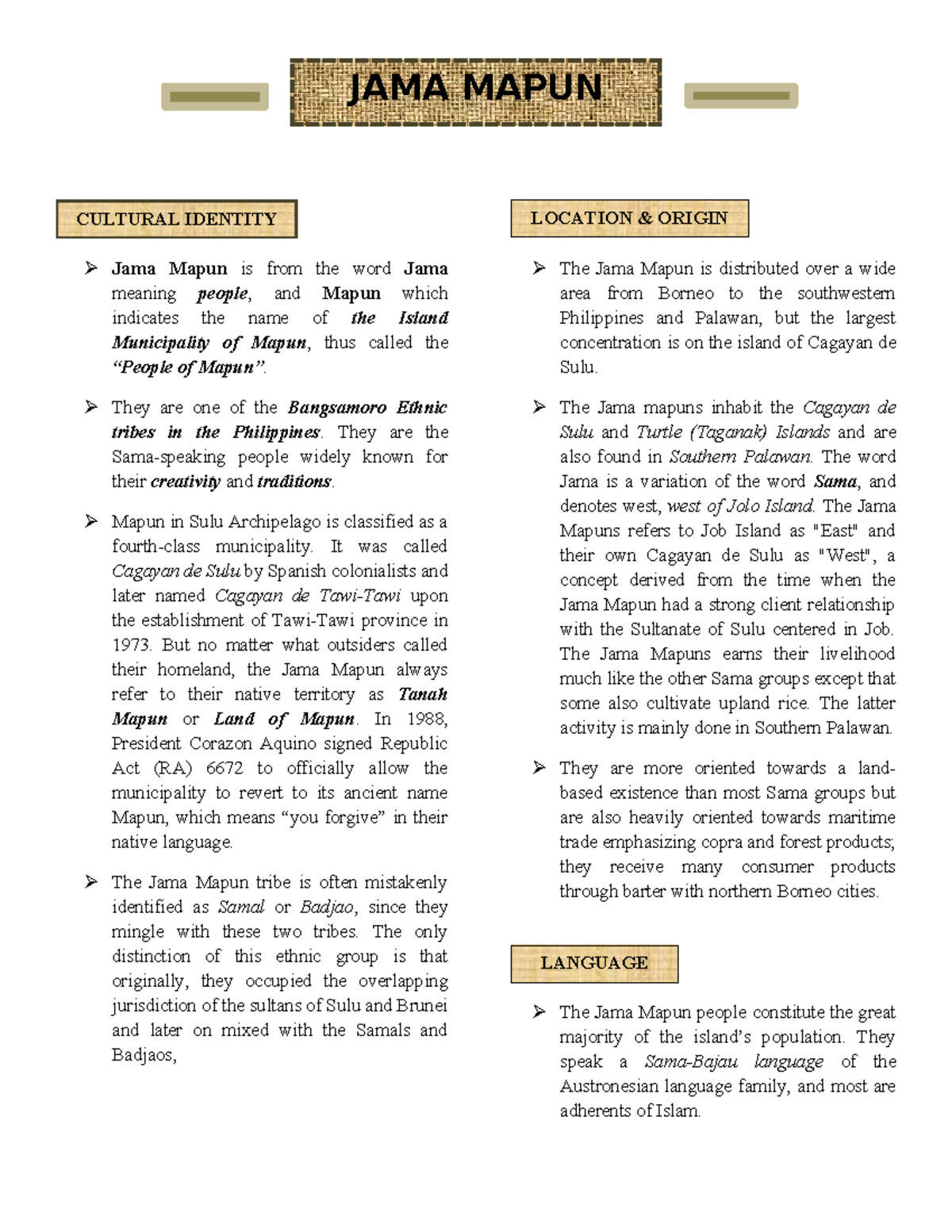 JAMA 023816: Cultural Identity and Economic Activities of the Jama Mapun Tribe - Studocu