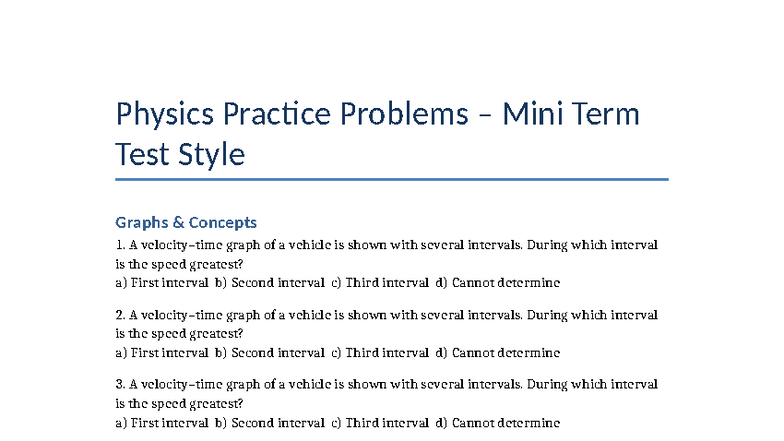 Physics Practice Problems: Mini Term Test Style Concepts - Studocu