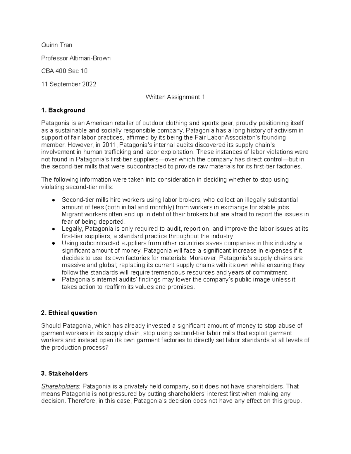 CBA 400 Sec 10 - Ethical Outline on Patagonia's Sustainability ...