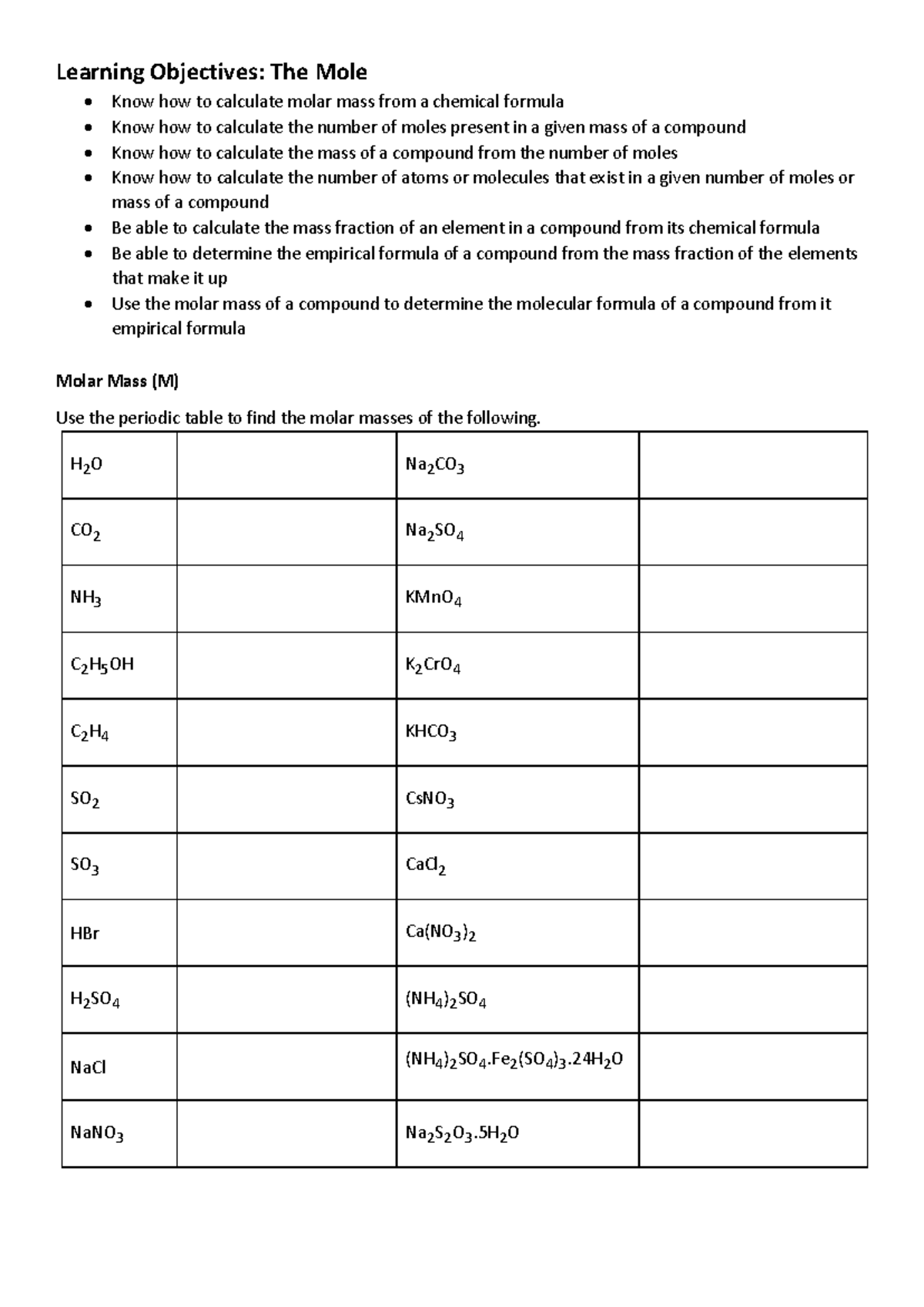 Mole Worksheet: Calculating Molar Mass and Moles (Chem 101) - Studocu