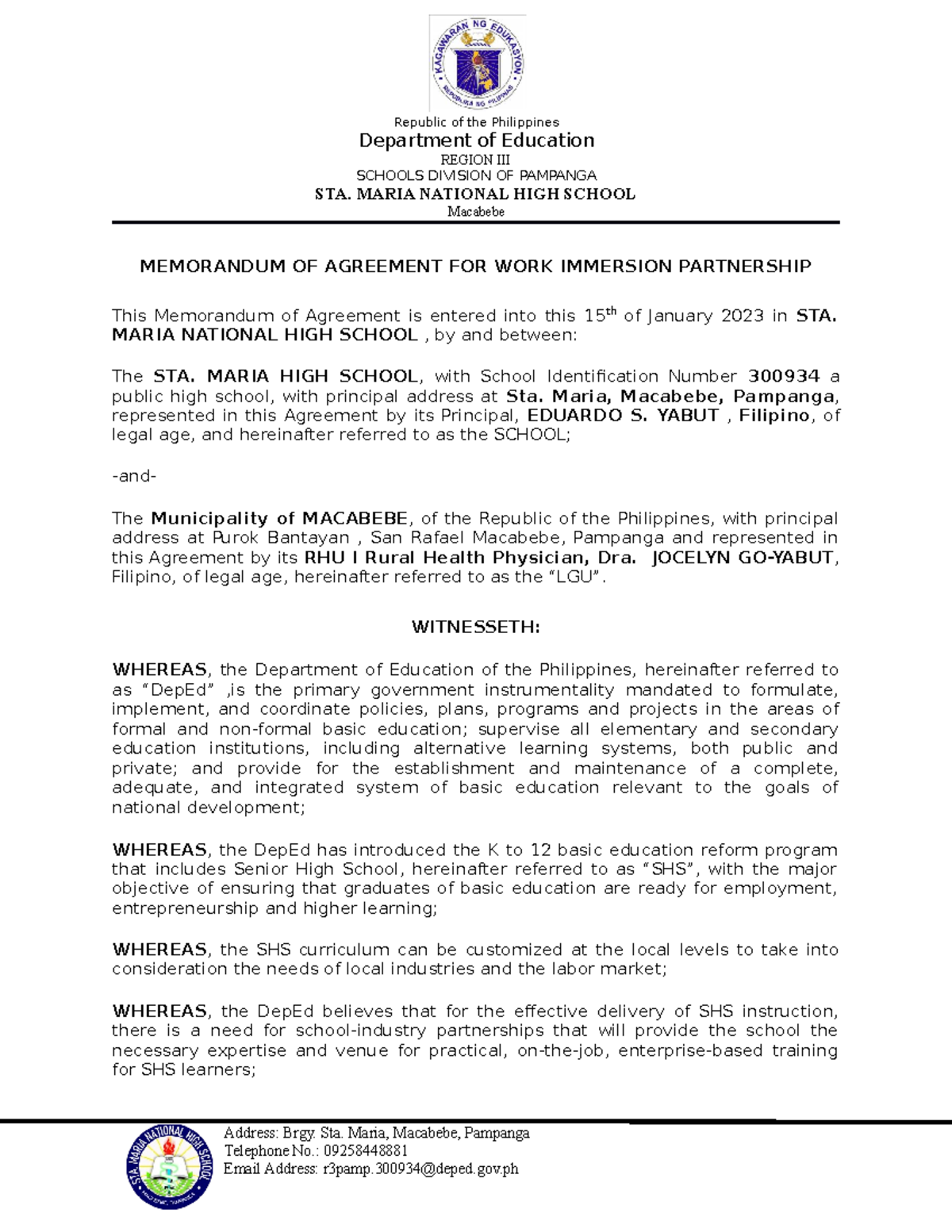MOA-LGU: Work Immersion Partnership Agreement for SHS 2023-2024 - Studocu