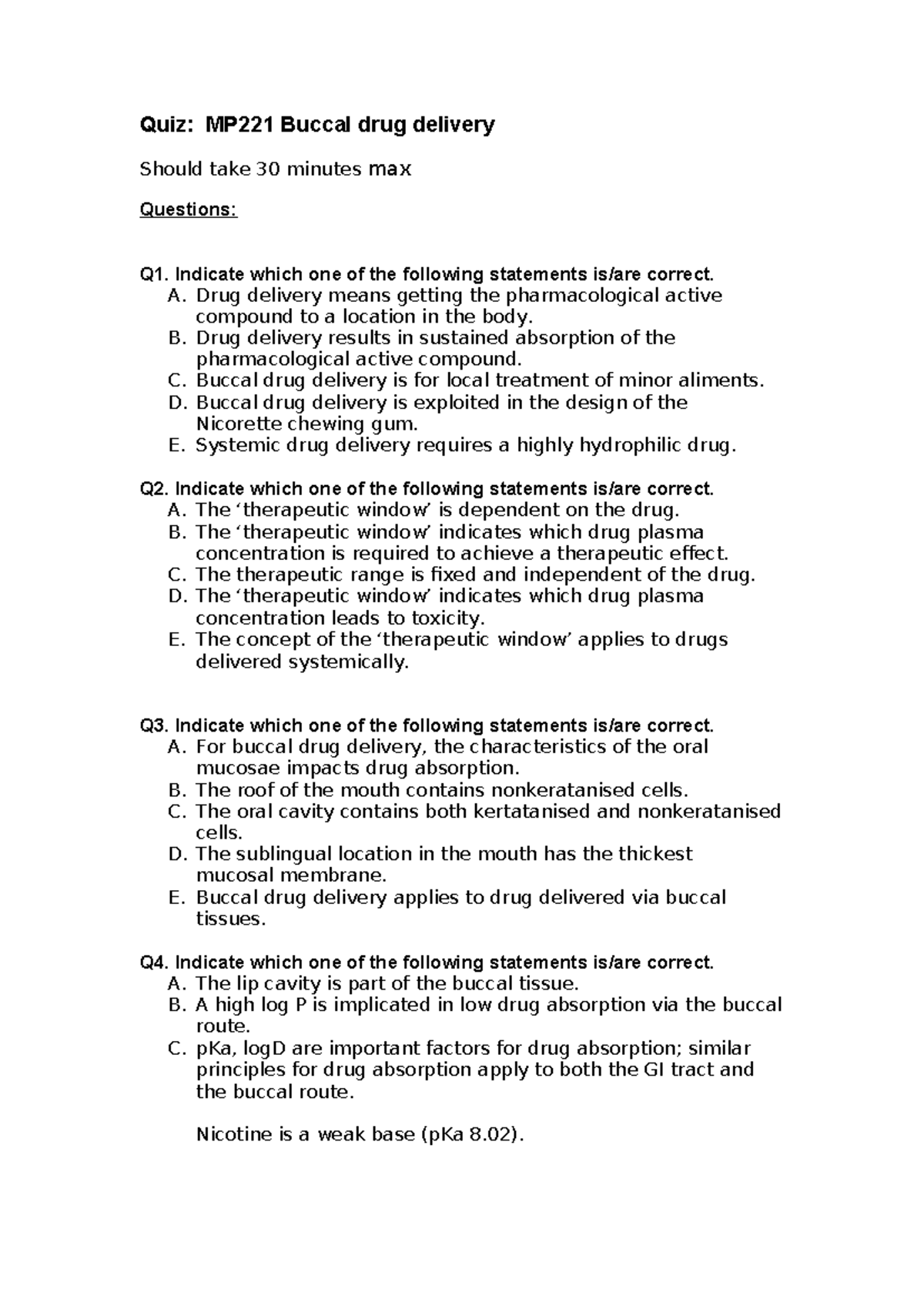 MP221 Buccal Drug Delivery Quiz: Questions and Answers - Studocu