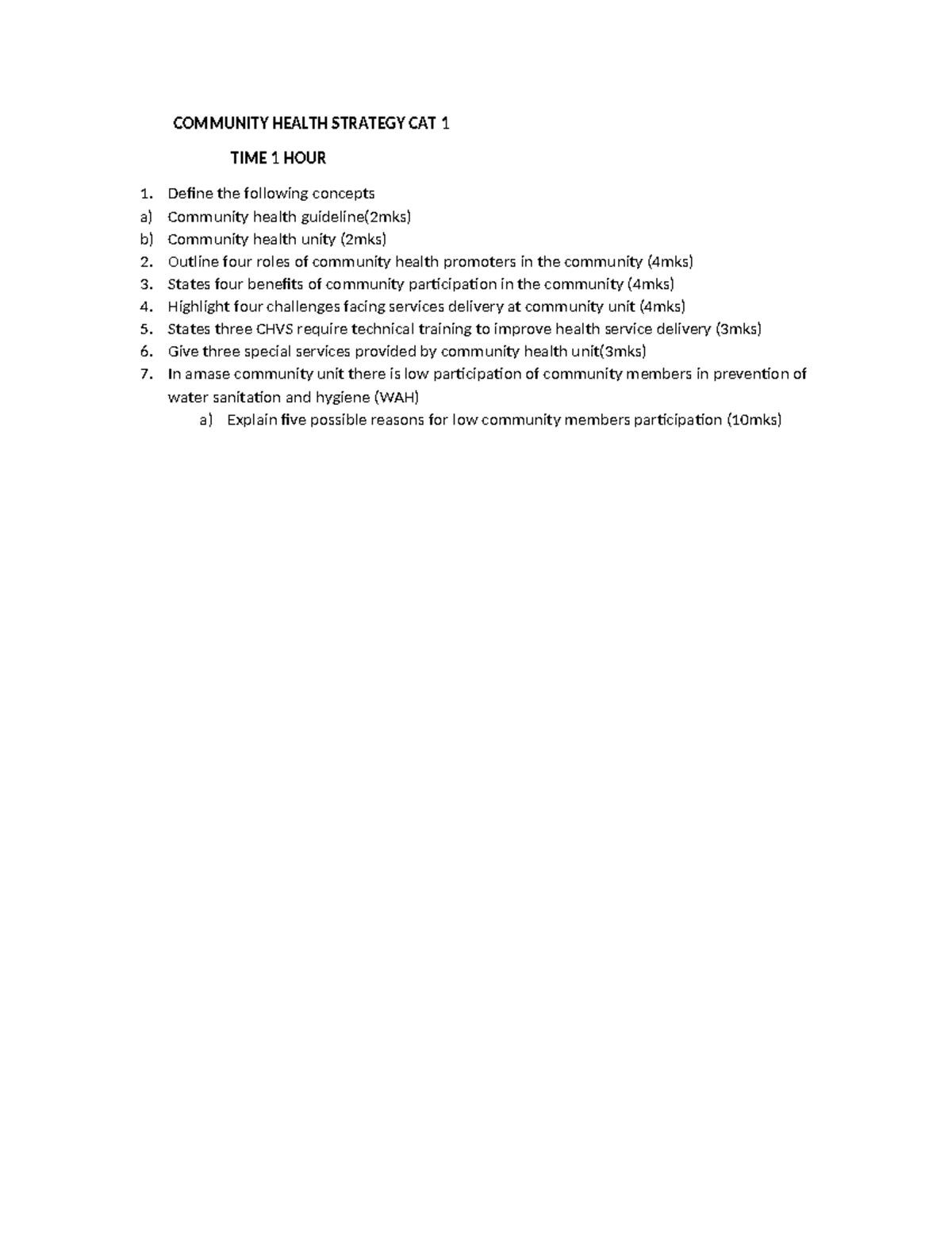 COMMUNITY HEALTH STRATEGY CAT 1: 1-HOUR EXAM QUESTIONS - Studocu