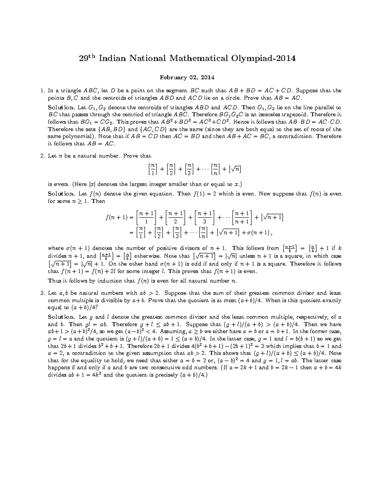 INMO 2014 - Difficult Problems and Solutions - Studocu