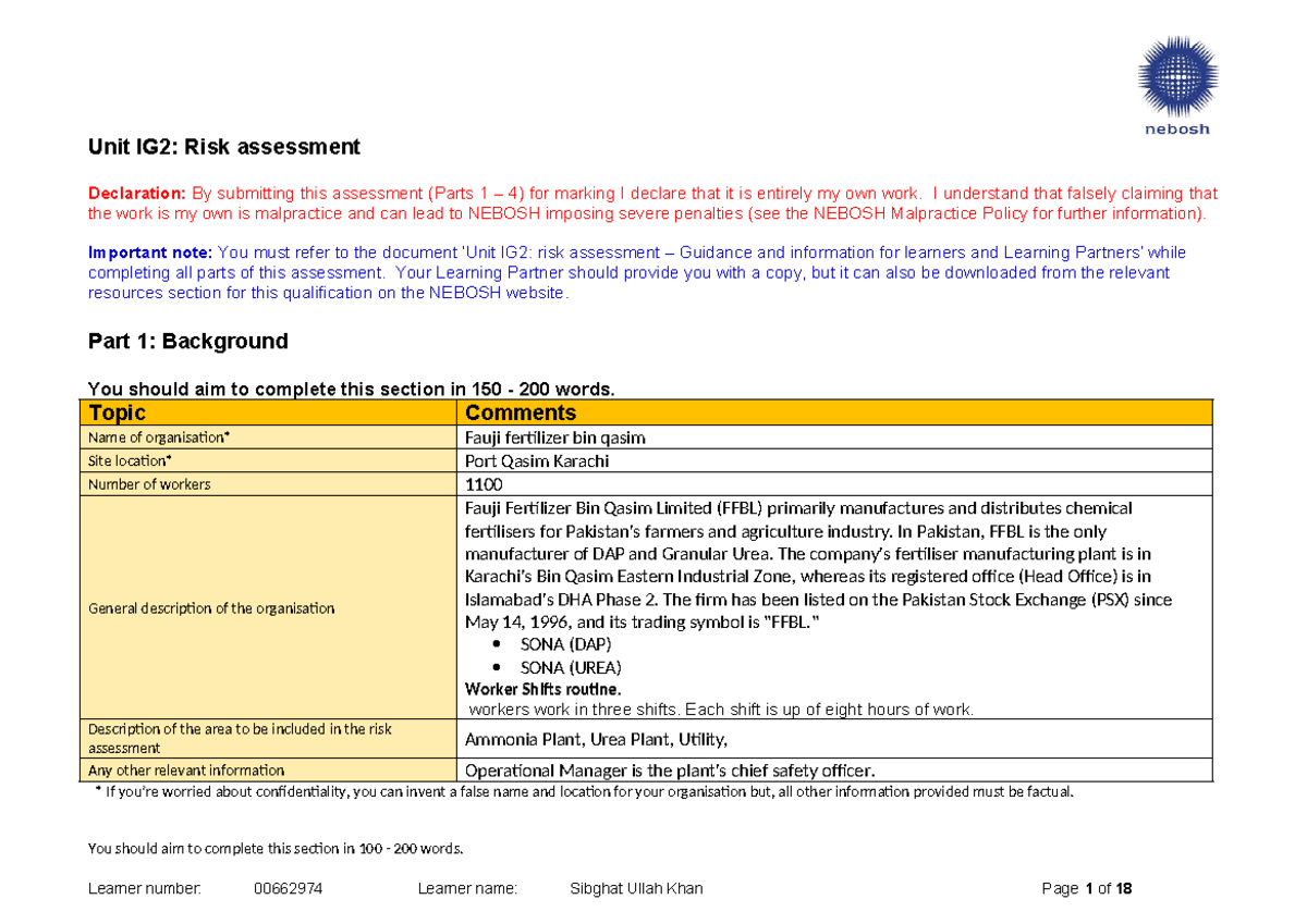 A-IG2: Risk Assessment Report for Fauji Fertilizer Bin Qasim - Studocu