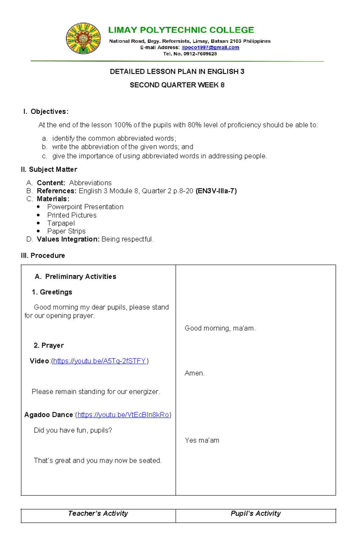 Detailed Lesson Plan in English 3 Abbreviations - DETAILED LESSON PLAN ...
